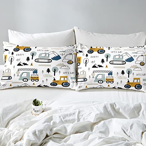 Cartoon Car Kids Comforter Set Construction Bedding Set Decor Equipment Trucks Comforter Cartoon Car Excavator Tractor White Yellow Duvet Set Bedroom Quilt Set 3Pcs Full