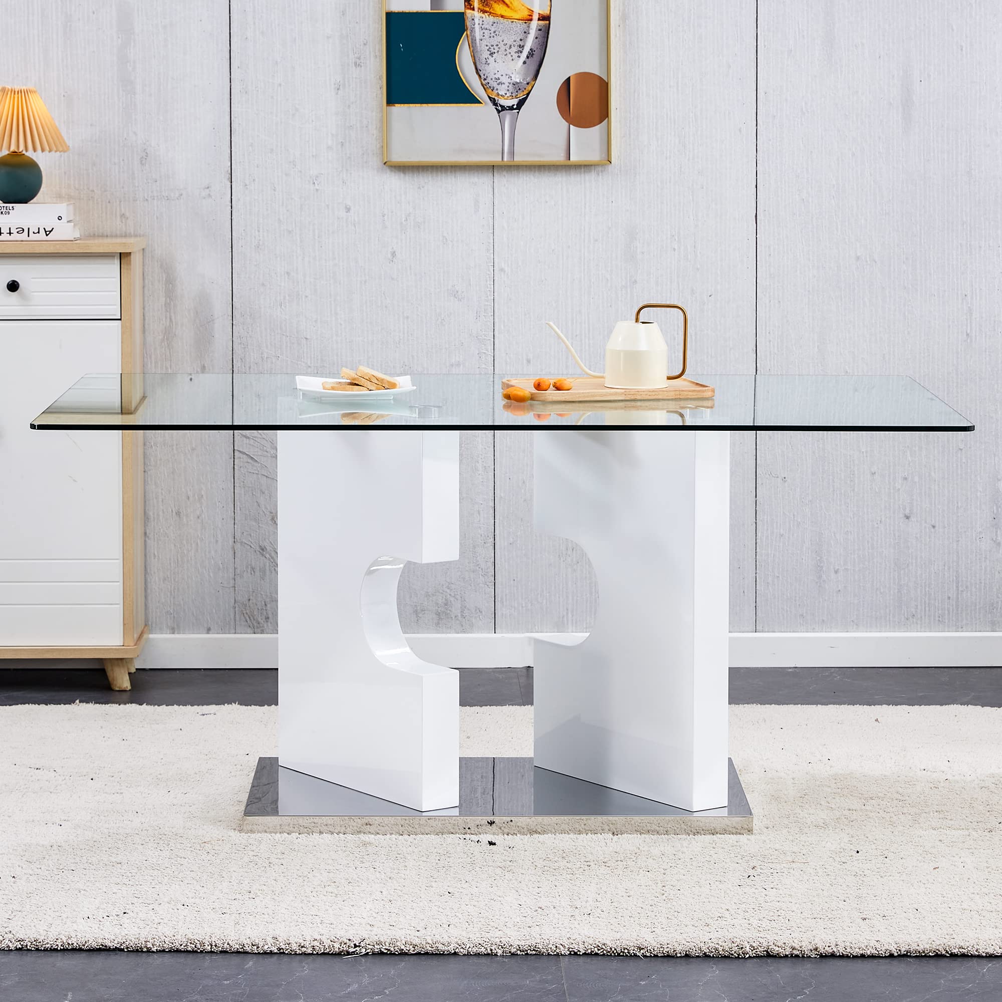 63'' Glass Dining Table for 6, 0.39" Tempered Glass Tabletop and White MDF Base,Large Dining Room Table for Home Kitchen Banquet Hall,Luxury Glass Table for Living Room Meeting Room(No Chair)