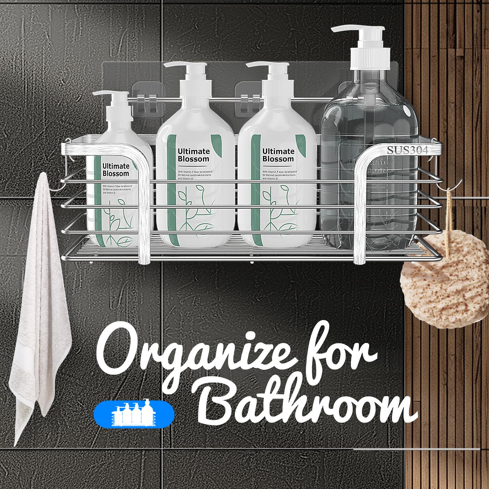 HEGUANRONG Shower Caddy,Shower Organizer for Bathroom With 2 Hooks,SUS304 Stainless Steel,Shower Shelves for Inside Shower,Rustproof Bathroom Shelf,No Drilling.