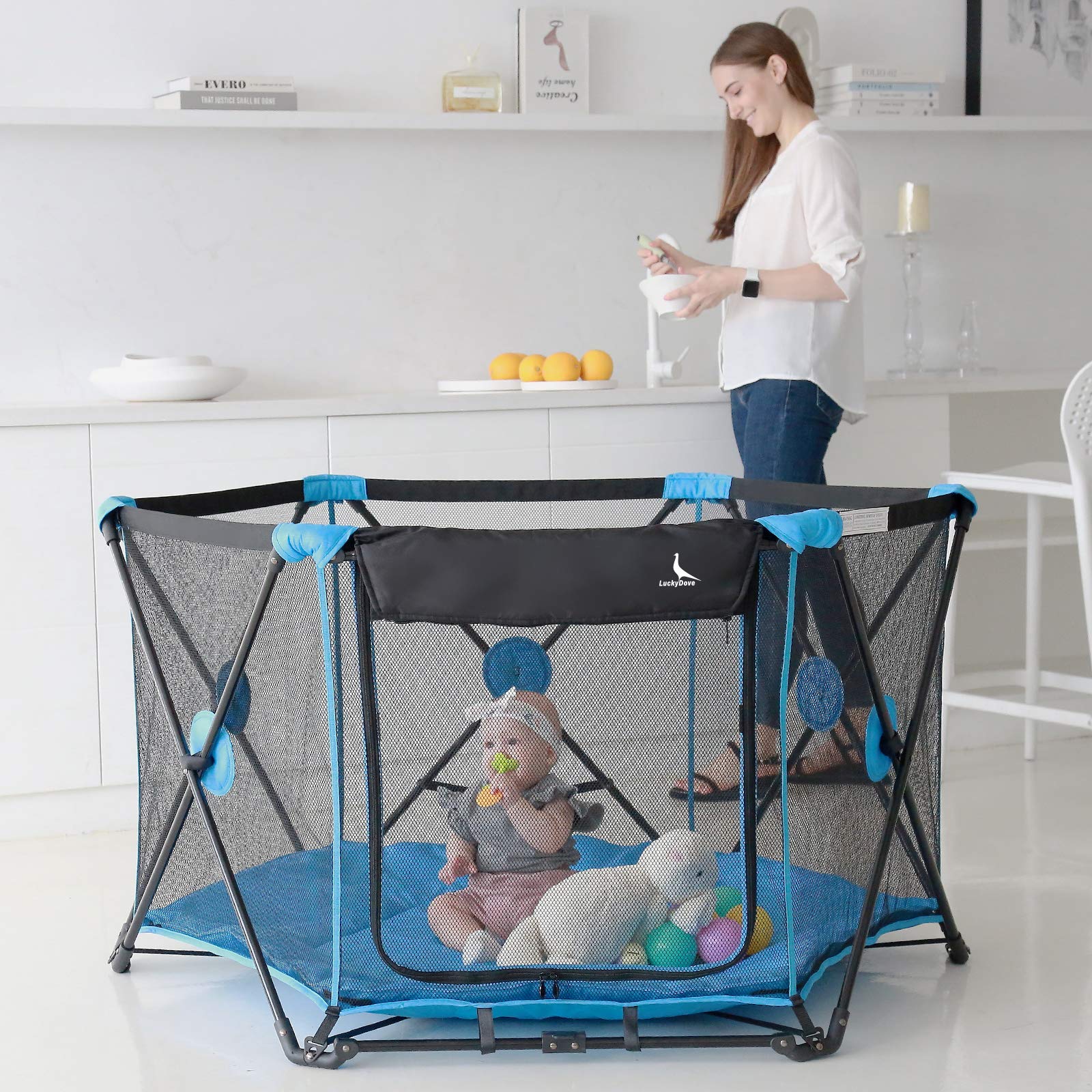 LuckyDove Portable Playpen for Innfants and Toddlers,Portable Play Yard for Baby with Padded Floor,Kids Activity Centre,Baby PlayPen with Carrying Bag,Washable,Foldable.Size:53"Wx 30"H(Blue)