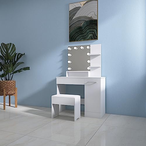 Bituman Makeup Vanity Table with Lighted Mirror, Modern Dressing Table with a Large Drawer White Vanity Set with Cushioned Stool Vanity Desk with Storage Cabinet for Women, Girls, Bedroom, White