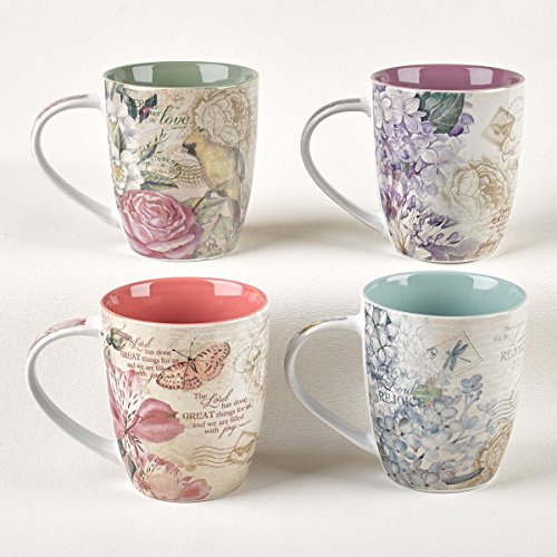 Christian Art Gifts Ceramic Coffee/Tea Mug Set for Women | Vintage Botanic Floral Inspirations Design Bible Verse Mug Set | Boxed Set/4 Coffee Cups