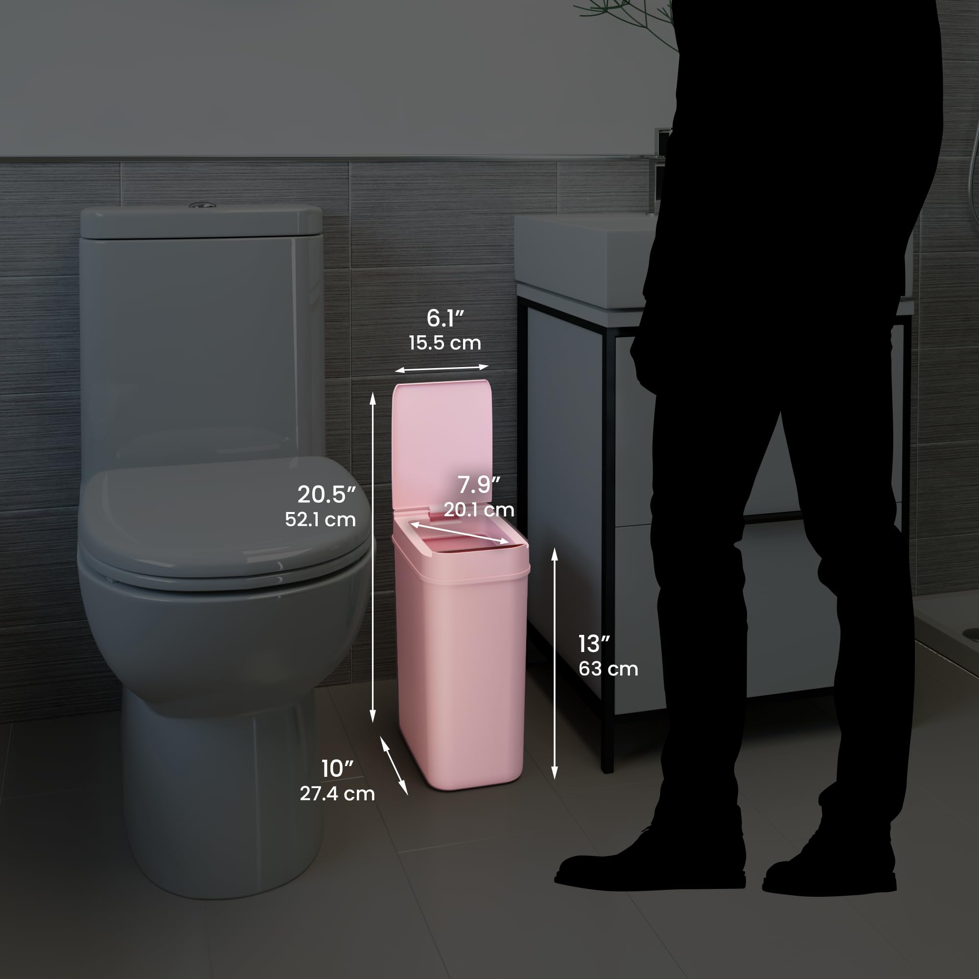 iTouchless 3 Gallon Sensor Pink Bathroom Trash Can, 10 Liter Slim Touchless Small Automatic Garbage Bin with Lid, Narrow Smart Motion Control Commercial Waste Basket for Bedroom, Office
