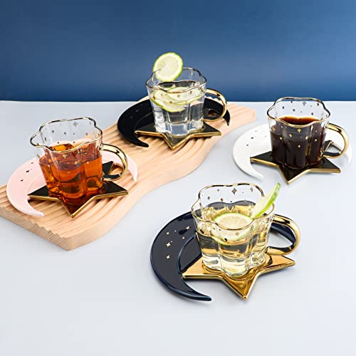 8.1 oz/240 ml Glass Coffee Cup And Ceramic Star Moon Saucer With Spoon Set Golden Handle Glass Cup Afternoon Tea Juice And Water Drinks cup (black)