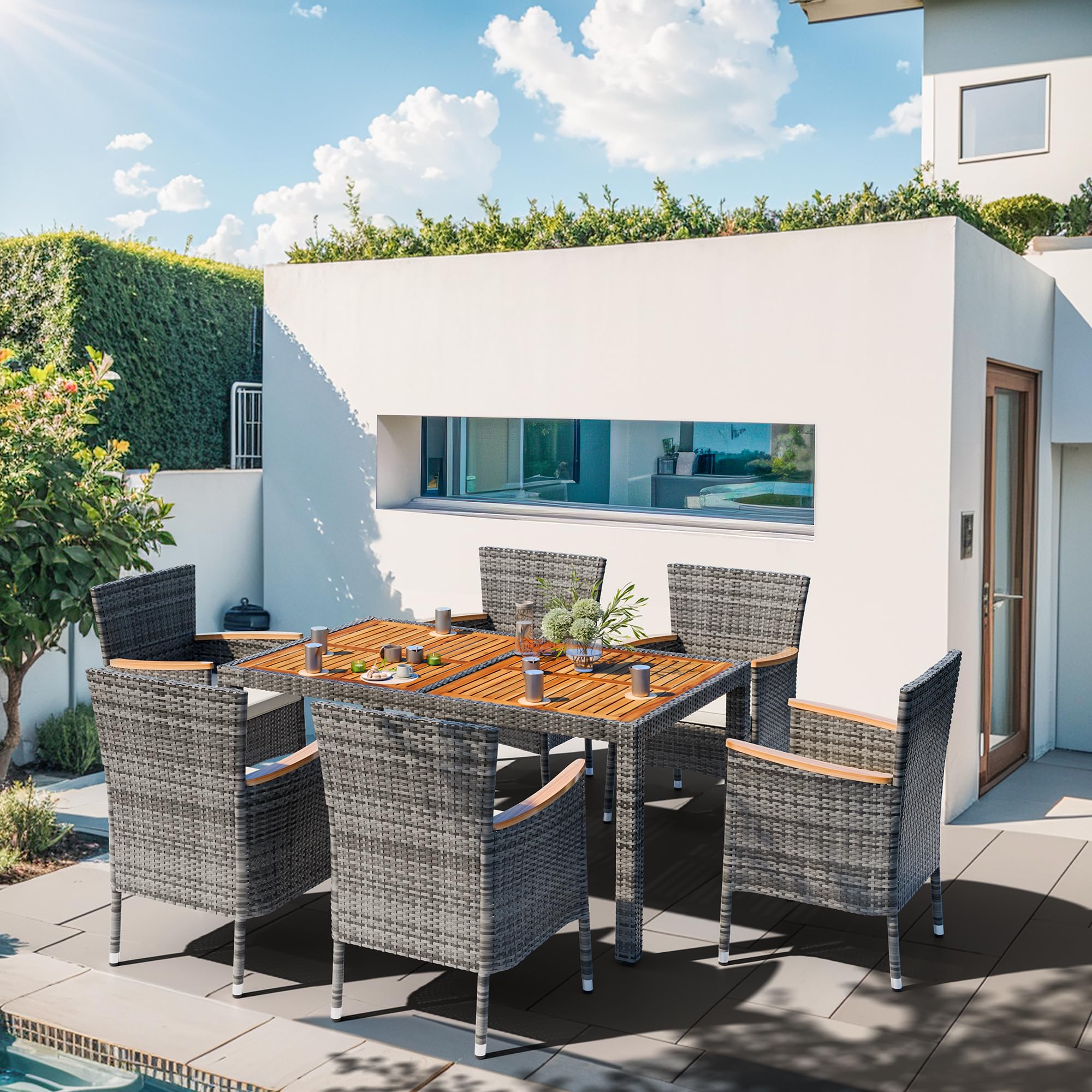 Shintenchi 7 Piece Patio Dining Set, Wicker Patio Conversation Set with Wood Table Top, Outdoor Table and Chairs with Soft Cushions for Backyard, Deck and Garden, Grey Rattan