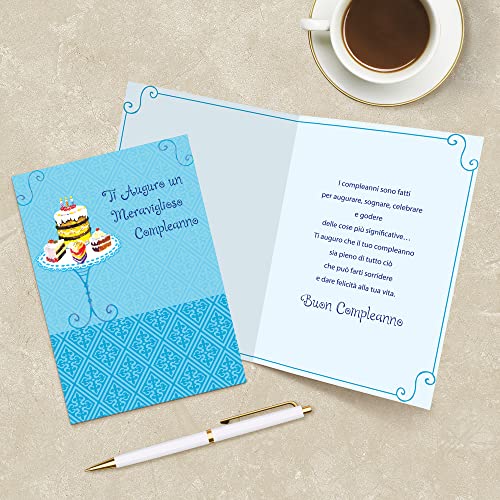 Designer Greetings Italian Language Happy Birthday Cards, Fun Colorful Cake Pastries Design (Pack of 6 Cards with Blue Envelopes / 6 biglietti di auguri e buste)