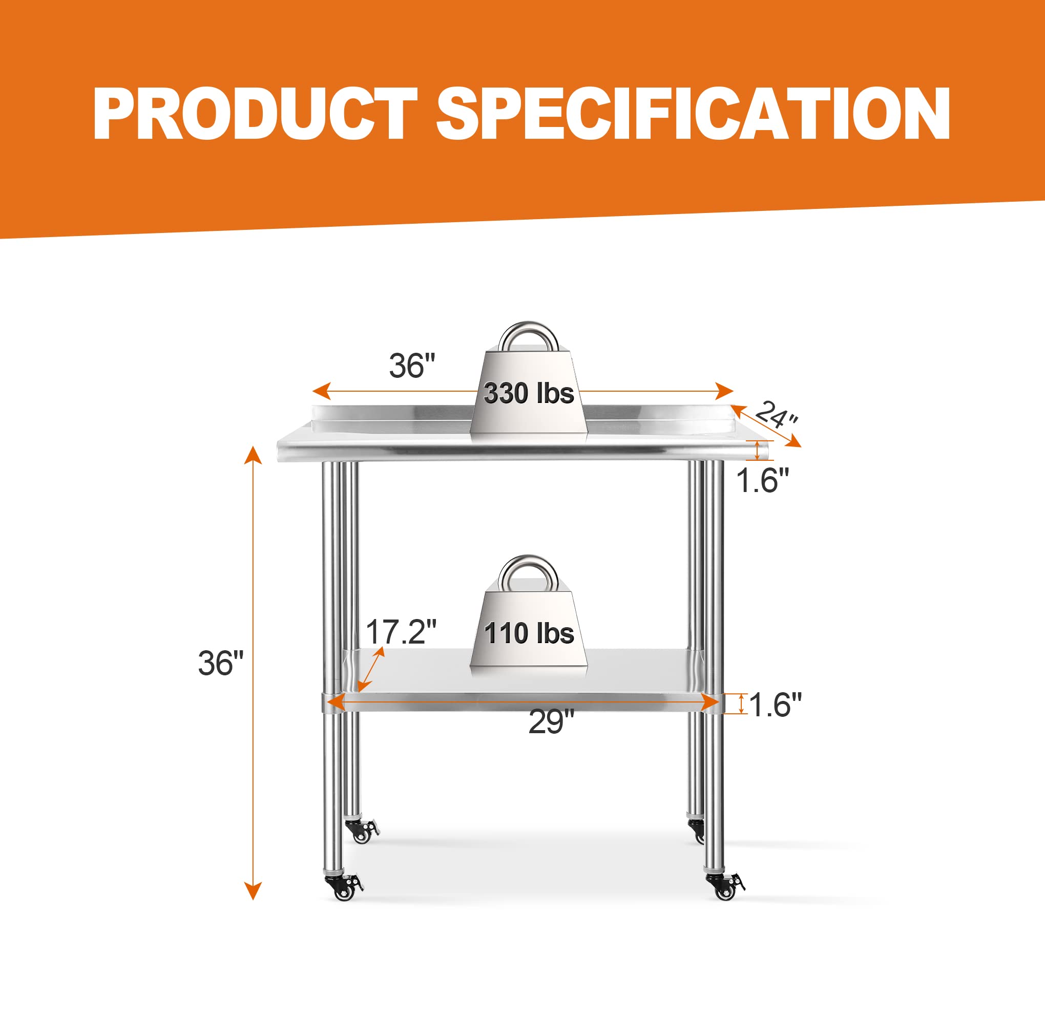 Sapodilla NSF Stainless Steel Worktables with Wheels, 36×24 Inches Commercial Heavy Duty Tables with Backplash and Adjustable Undershelf for Kitchen, Restaurant, Hotel and Garage