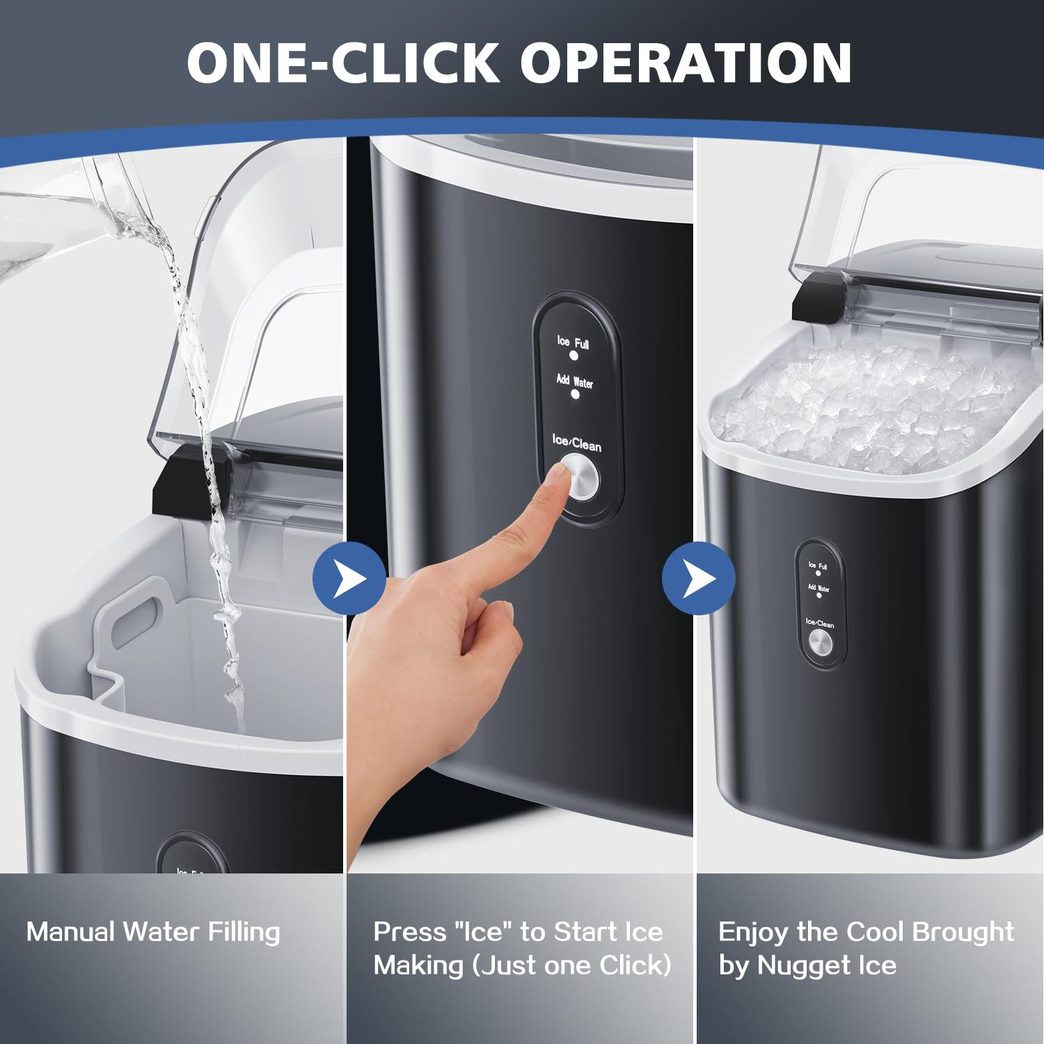 Nugget Ice Makers Countertop, Crushed Ice Maker with Handle,35Lbs/24H,Soft Chewable Ice, Pebble Ice Maker with Self-Cleaning, Ice Scoop and Ice Basket,for Home,Office,Kitchen（Inkiness）