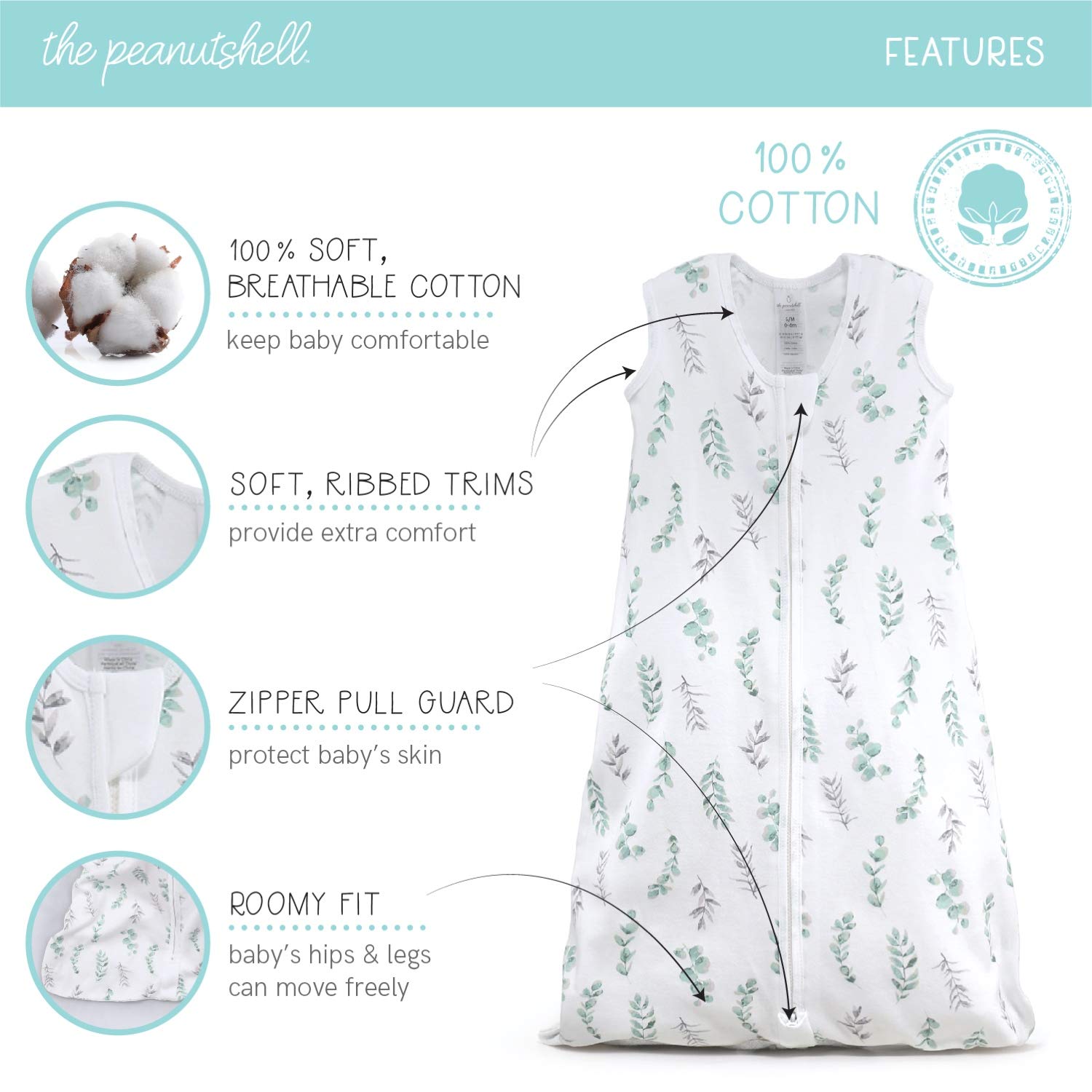 The Peanutshell Wearable Blanket Sleep Sack for Baby Girls, Farmhouse Floral, Sizes up to 12 Months (Small/Medium)