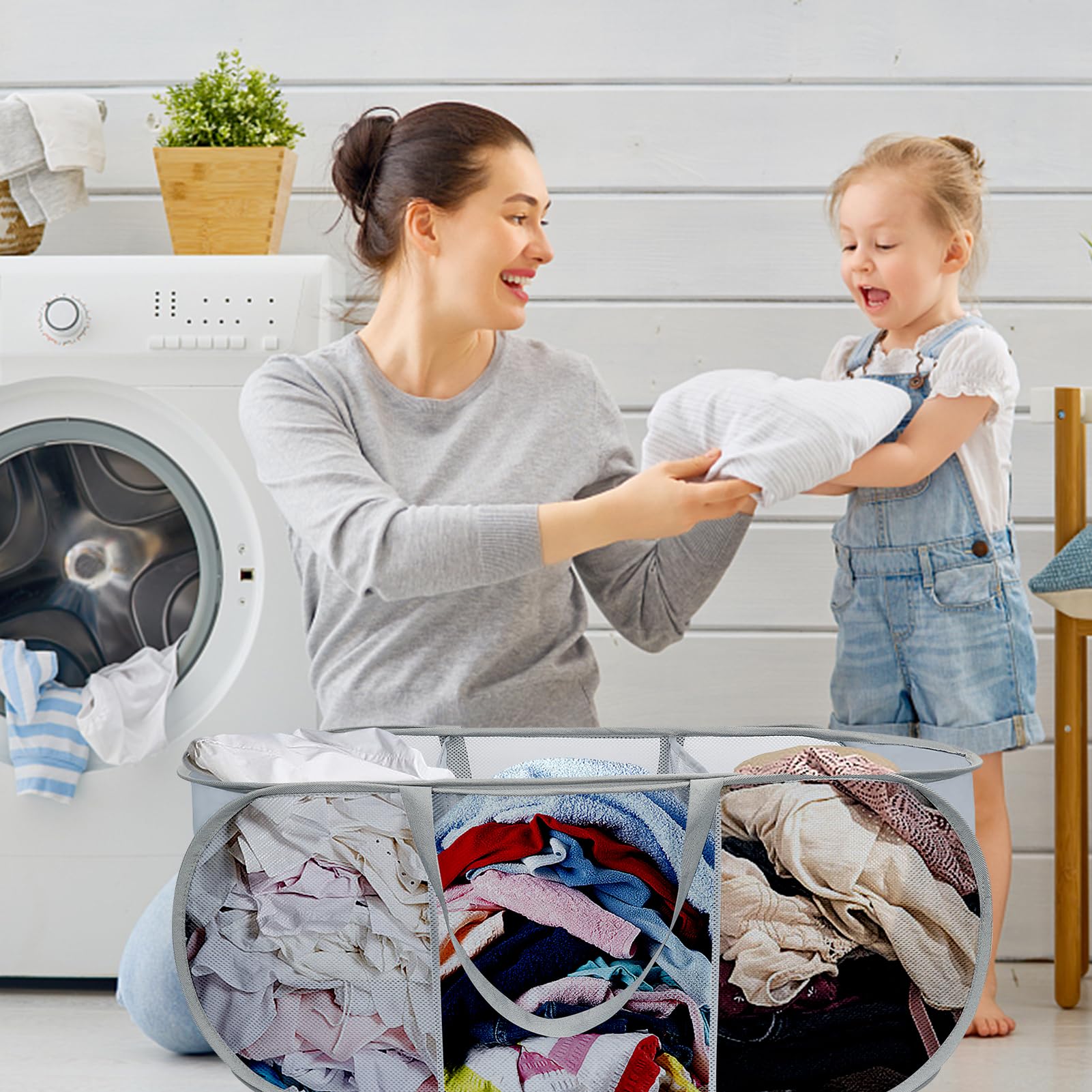 Simfree Laundry Baskets - Collapsible Laundry Baskets Popup Laundry Hamper, Pop-Up Mesh Laundry Hampers with 3 Compartments & Handles for Laundry, Bathroom, Kids Room, Dorm, Travel or Camping- Grey