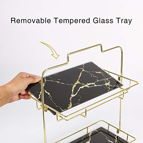 Simmer Stone Makeup Organizer Shelf, 2 Tier Cosmetic Storage Basket with Removable Glass Tray, Wire Vanity Organizer Rack for Dresser, Countertop, Bathroom and More, Gold