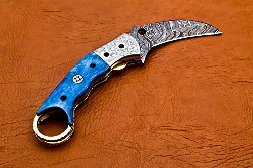 8.5" Handmade Damascus Folding Pocket Knife Karambit Knife Hunting Knife Handle Camel Bone Handmade Damascus Steel with Leather Sheath B50