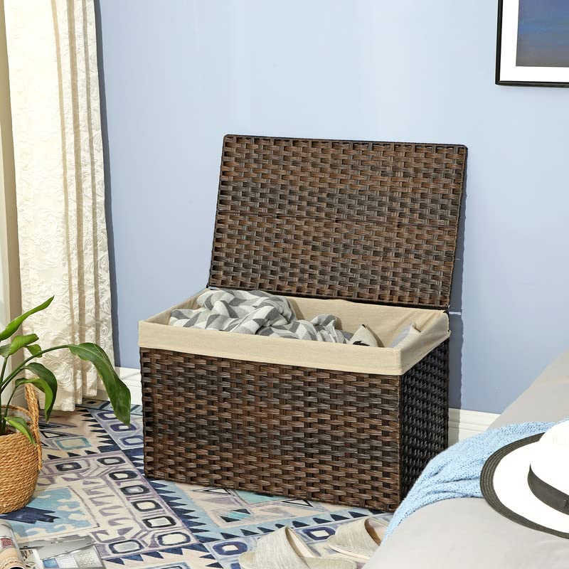 SONGMICS Storage Basket with Lid, Rattan-Style Storage Trunk with Cotton Liner and Handles, for Bedroom Closet Laundry Room, 29.9 x 17.1 x 18.1 Inches, Brown URST76BR