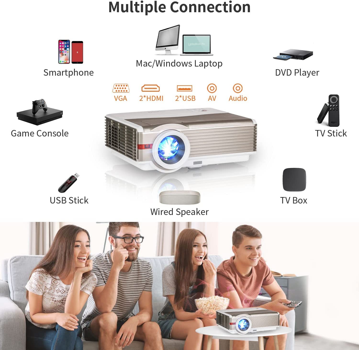 9000L Native 1080p Projector with WiFi Bluetooth, 200'' Display Home Theater Movie Projector Outdoor Indoor Party, Wireless Sync Screen for iOS/Android Phone/Tablets, With 4D Keystone and Zoom