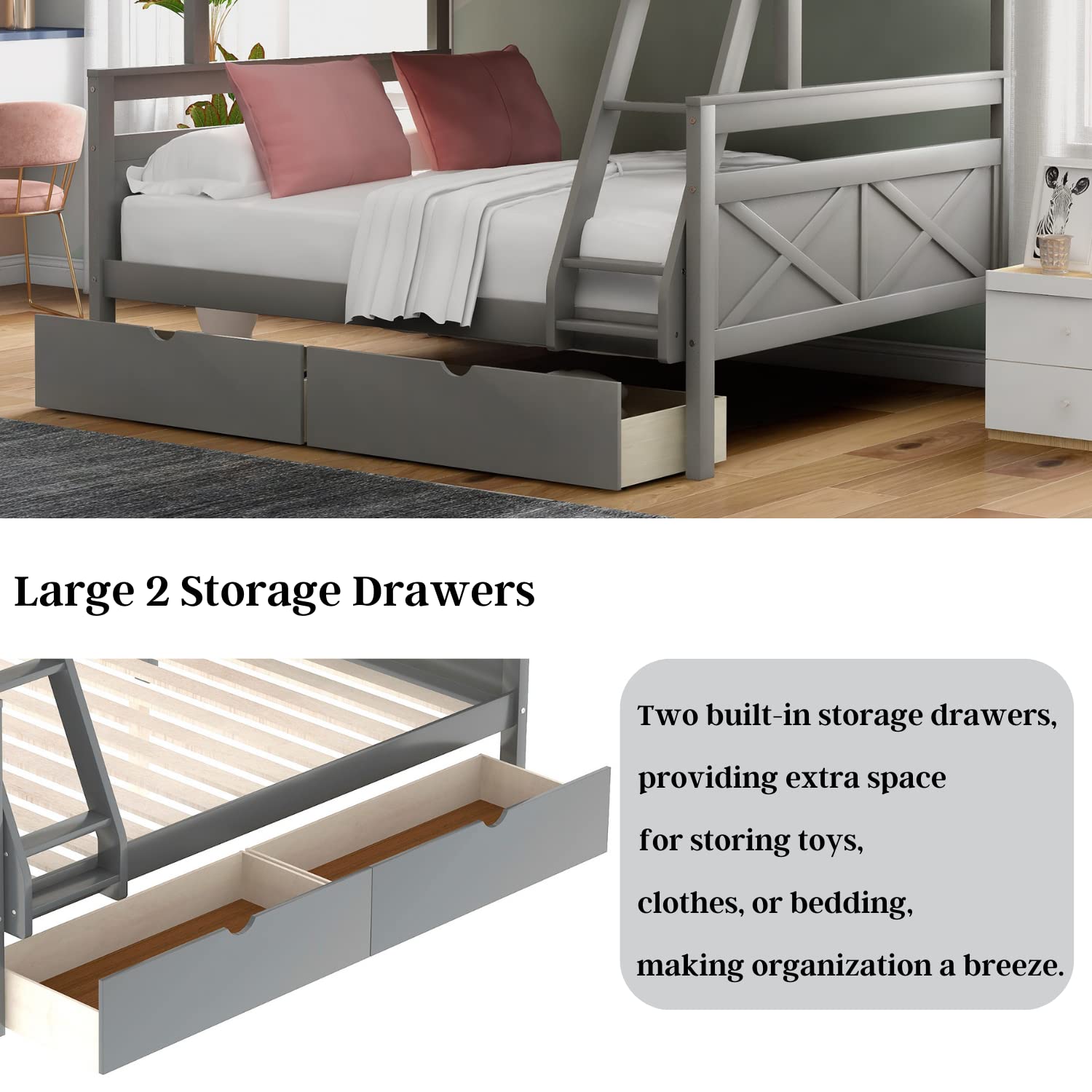 AOCOROE Twin Over Twin Loft Bunk Bed with Ladder, Wood Floor Bunk Bed with Full-Length Guardrails, Bunk Bed for Boys, Girls, Grey