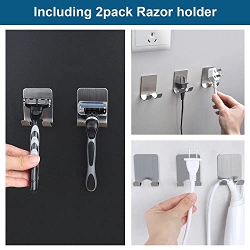 Diesisa Razor Holder for Shower + Adhesive Wall Hooks, Premium 304 Stainless Steel Shower Razor Holder with Heavy Duty Waterproof Sticky Hooks for Hanging Towels, Coat, hat (2+2 Pack)