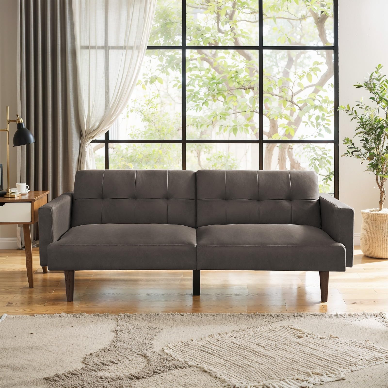 Artfurniz Folding Futon Sofa Bed: Reclining Sleeper Loveseat Convertible Modern Faux Leather Couch for Living Room Bedroom Apartment Solid Wood Leg, Dark Grey