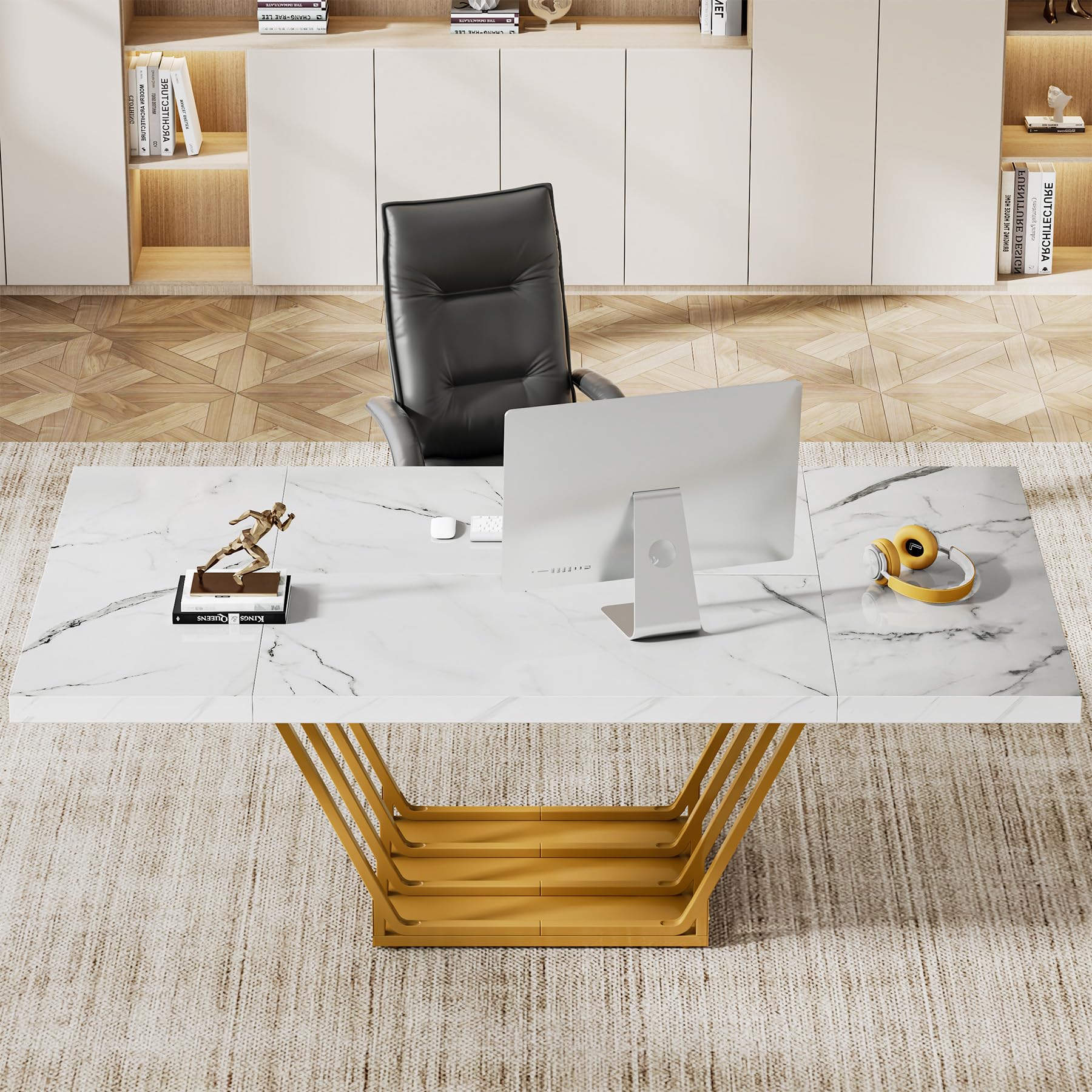 Tribesigns 63-Inch Modern Computer Desk, White Executive Desk with Gold Metal Frame, Large Office Desk Workstation Business Furniture for Home Office, Easy Assembly, Only Desk