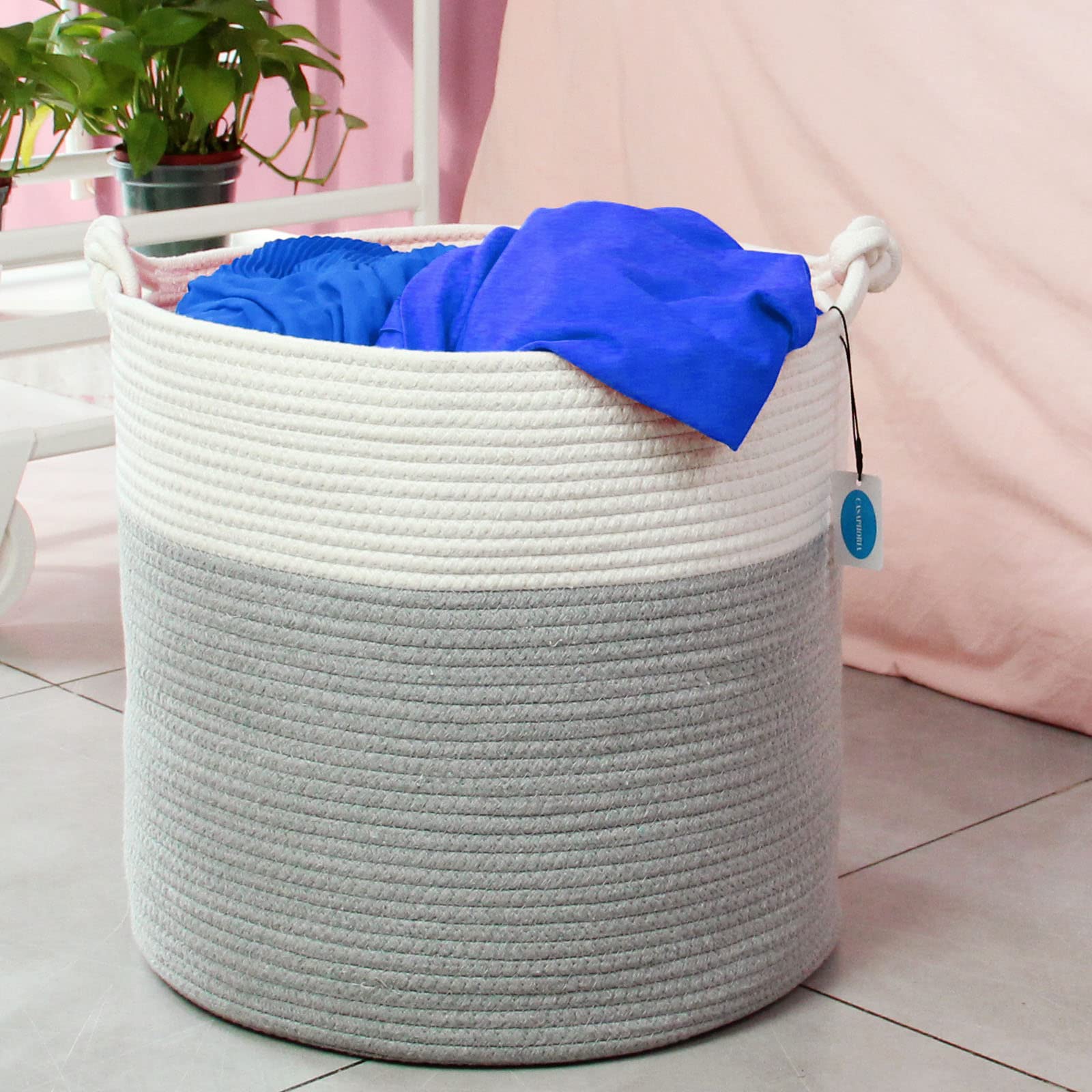 Casaphoria Woven Cotton Rope Basket with Handle for Bedroom,Round Storage Basket for Bathroom,Large Blanket Basket for Living Room,Tall Laundry Hamper Woven for Laundry,Light Gray