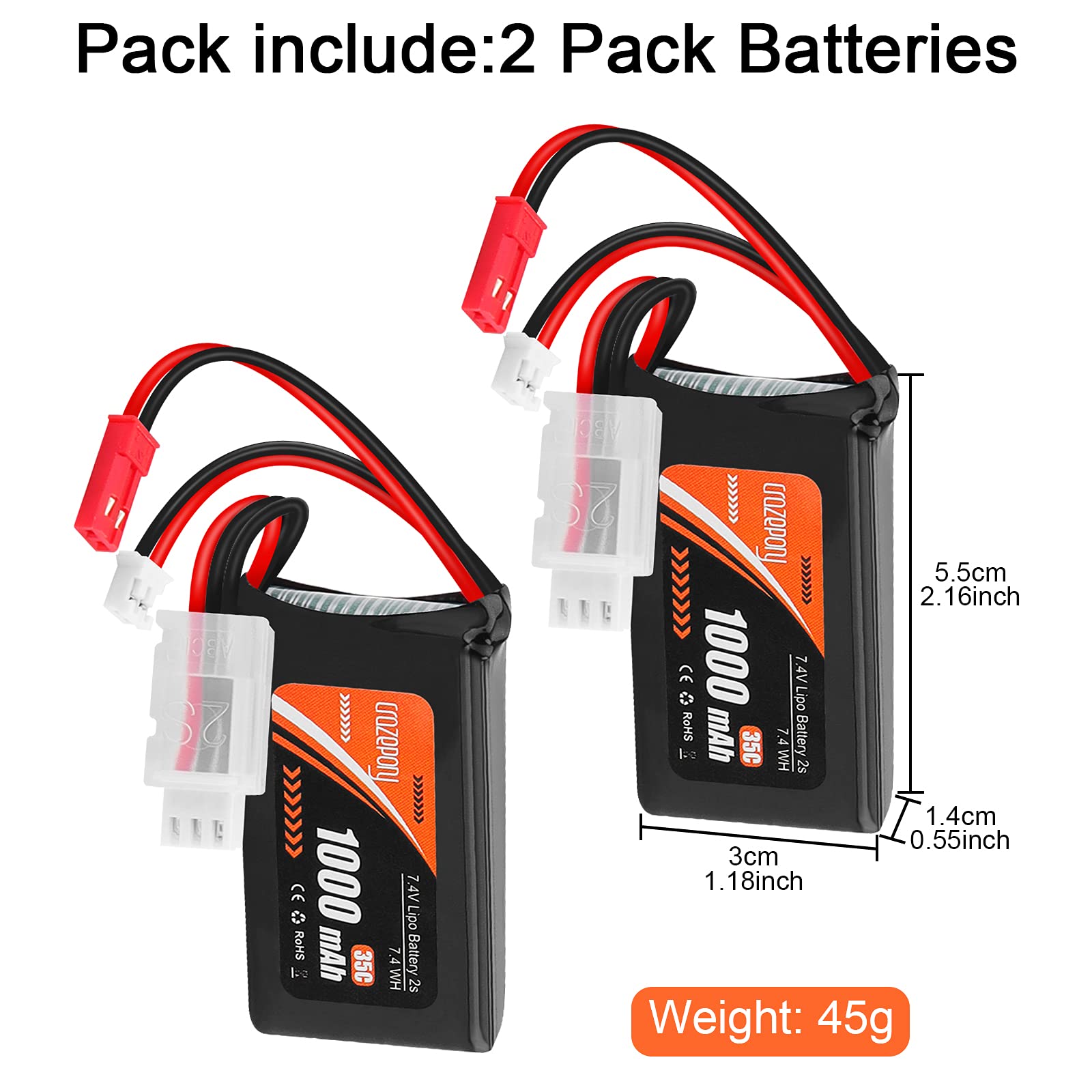 FancyWhoop 7.4V Lipo Battery 2S 1000mAh: 35C Battery with PH2.0 & JST Plug A xial SCX24 Lithium Batteries 2 Pack Rechargeable Batteries for WL Toys RC Car Most 1/10 1/16 1/18 1/24 Scale Racing Trucks