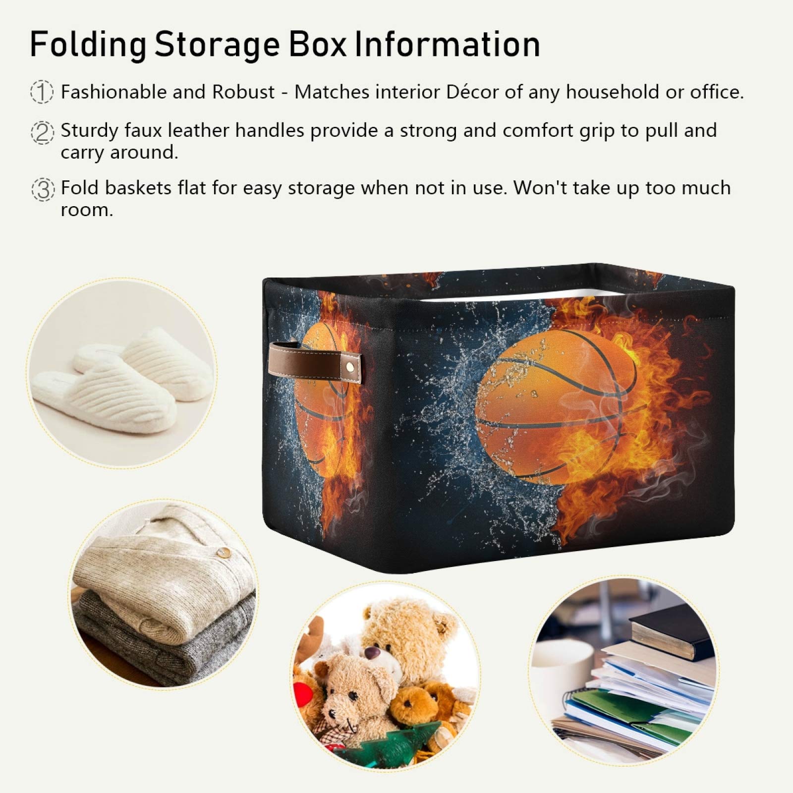AUUXVA Storage Basket Fire Water Basketball Storage Cube Box Durable Canvas Collapsible Toy Basket Organizer Bin with Handles for Shelf Closet Bedroom Home Office