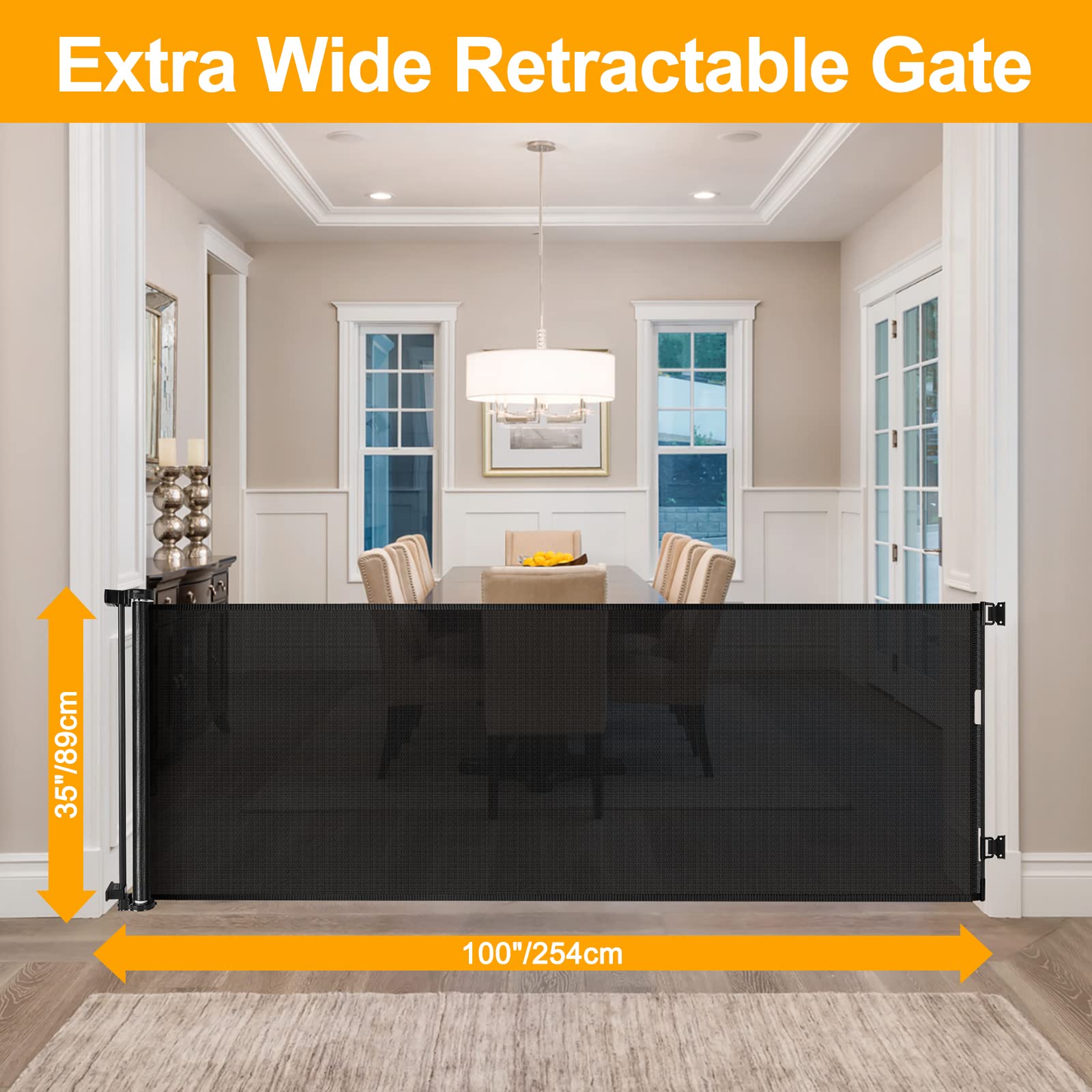 60" Extra Wide Retractable Baby/Dog Gate and 100" Extra Wide Retractable Baby/Dog Gate (Black)