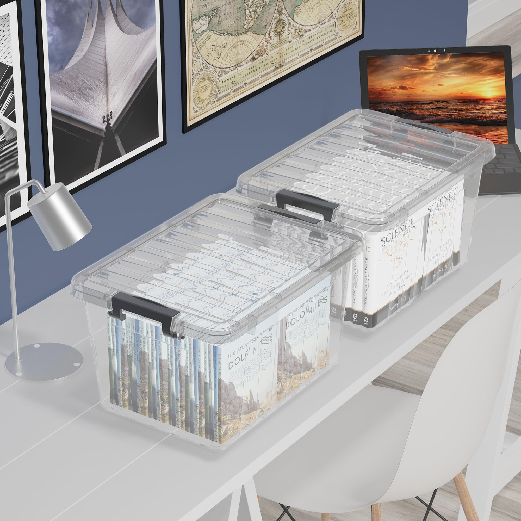 Cetomo 18Qt*4 Plastic Storage Bins, Storage Box, 4 Pack, Organizing Container with Durable Lid and Secure Clips, Stackable and Nestable, Clear with Black Buckle