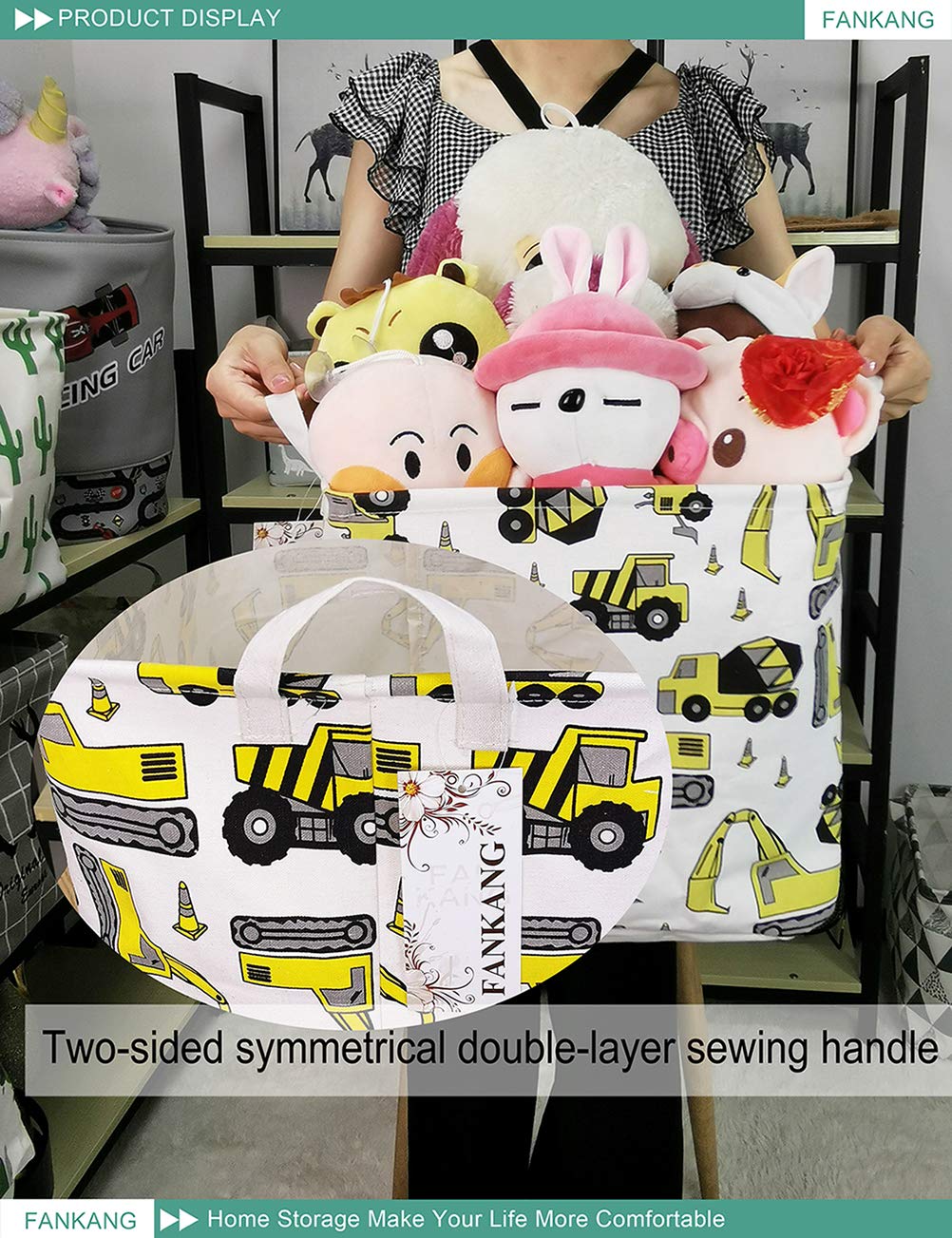FANKANG Square Nursery Hamper Storage Bins Canvas Laundry Basket Foldable with Waterproof PE Coating Large Storage Baskets Gift Baskets for Children, Office, Bedroom, Clothes,Toys (square engineering)