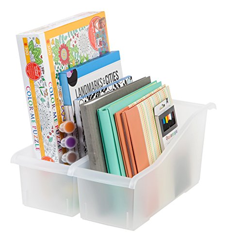 IRIS USA 15" x 6" Plastic Connecting Book and Paper Storage Container Bin, 8-Pack, Vertical Standing Plastic Book Binder Notebook File Craft Organizer Box for Classroom Kids Room Office, Clear