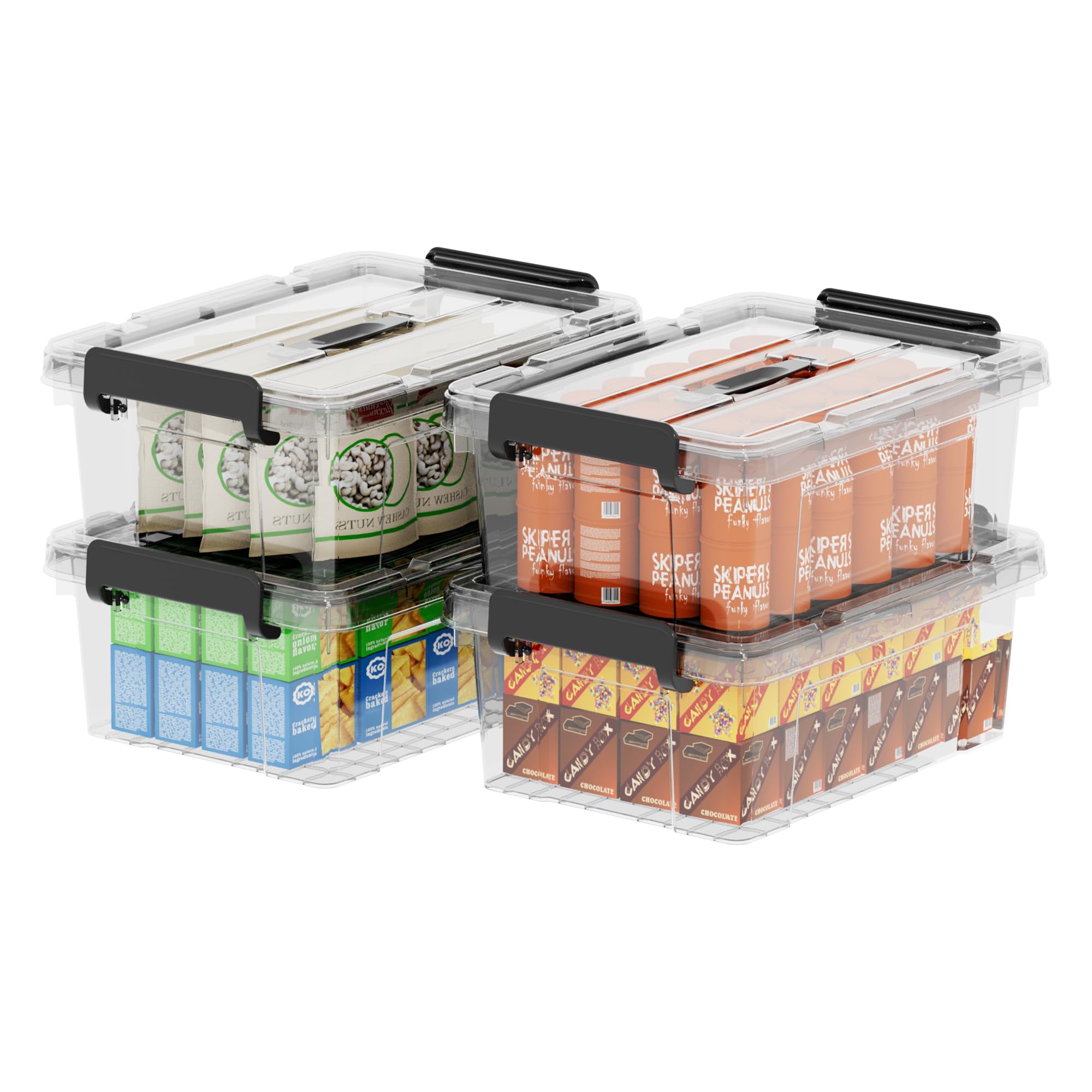 Cetomo 16Qt*4 Plastic Storage Bins, Storage Box, 4 Pack, Tote Organizing Container with Durable Lid, Secure Clips and Handle, Stackable and Nestable, Clear with Black Buckle