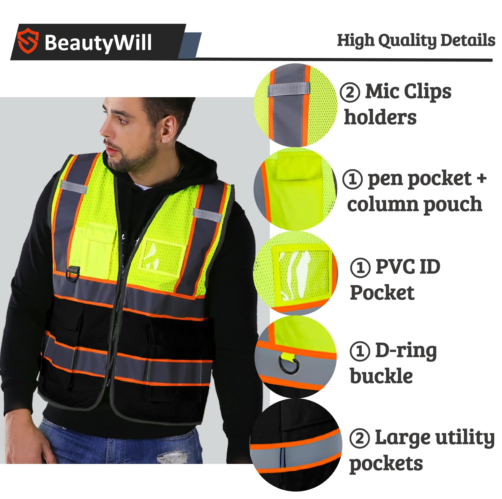BeautyWill Custom Mesh Safety Vest Customized Logo Class2 High Visibility Reflective Vest with Pockets Construction workwear (Yellow Black,L )