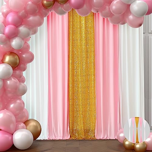 Backdrop Curtains Pink White Backdrop Drapes Fabric with Gold Sequin Backdrop for Birthday Party Baby Shower Girl Bedroom Decoration 5PCS 1.6ft×7ft
