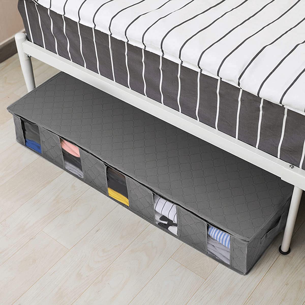 CHAFIN Under Bed Clothes Organizer,Dividers Storage Bag with Durable Fabric, Reinforced Handle, 5 Clear Window,Clear windows for Clothing, Shoes, Blankets, Sweaters, Toys,Grey, 2 Pack