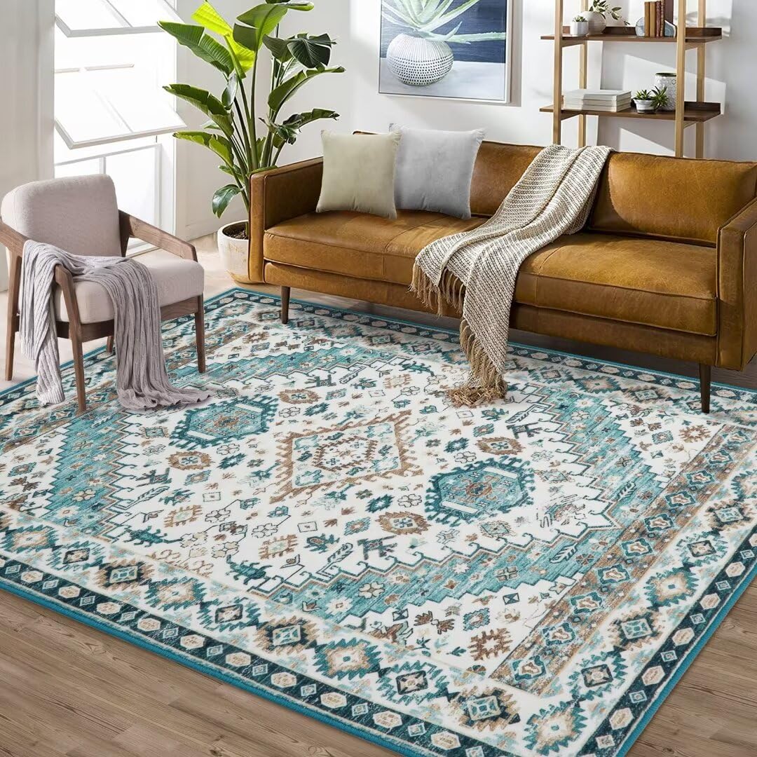 GAOMON Large Area Rug 8x10 Vintage Rug Wahable Rug Non-Slip Washable Rug Low Pile Indoor Floor Cover Carpet Distressed Soft Foldable Accent Rug for Bedroom Living Room, 8’x10’, Wahable Green
