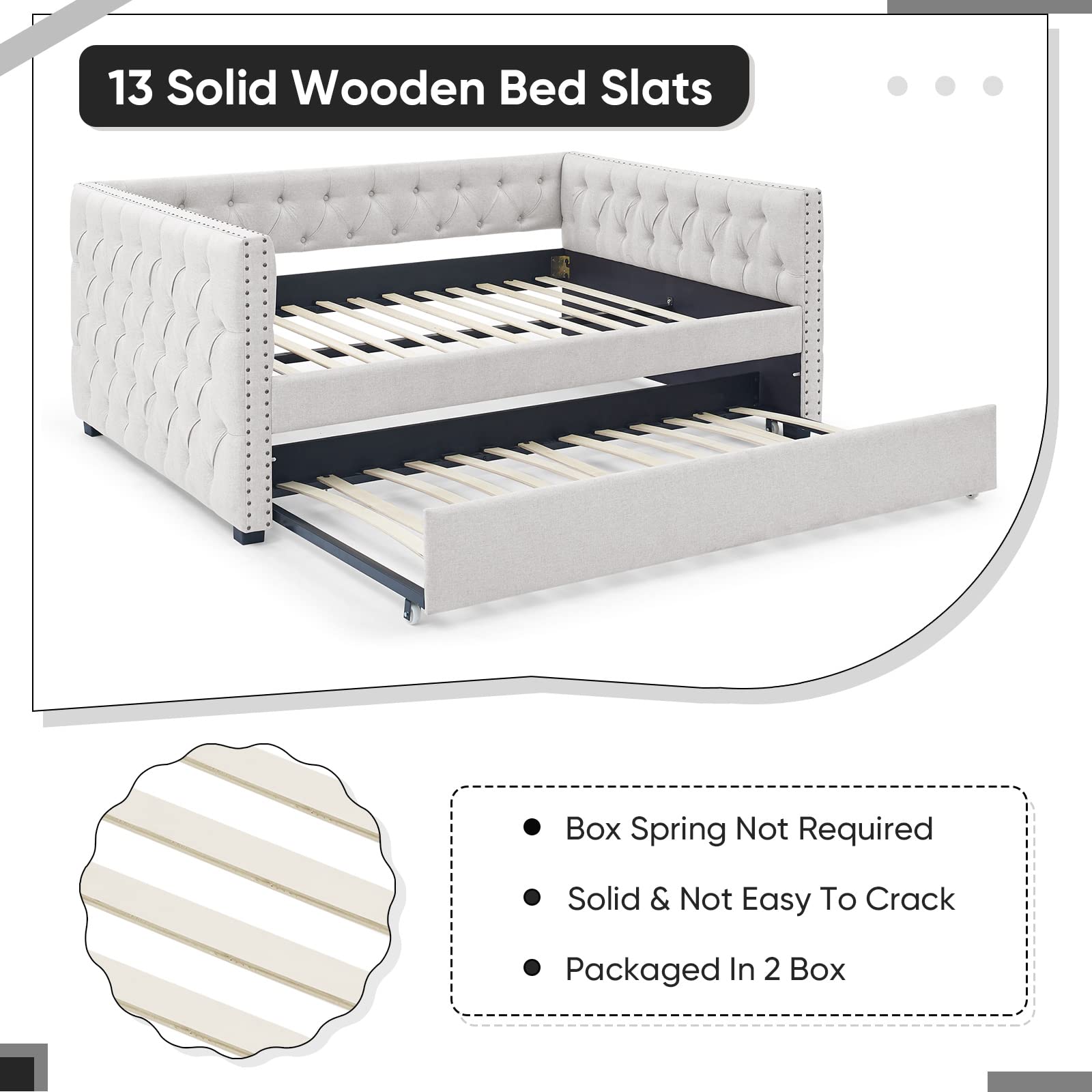 Antetek Daybed with Trundle, Modern Upholstered Full Size Button-Tufted Sofa Bed Frame with A Roll-Out Trundle, No Box Spring Needed, Furniture for Bedroom Living Room Guest Room (Beige, Full)