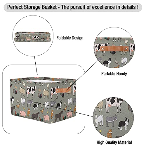 Farm Animal Storage Basket Bins, Cow Sheep Rooster Large Foldable Storage Baskets Fabric Organizer Storage Cubes Box with Handles Collapsible Basket for Shelf Closet Nursery Home Office 1 Pack
