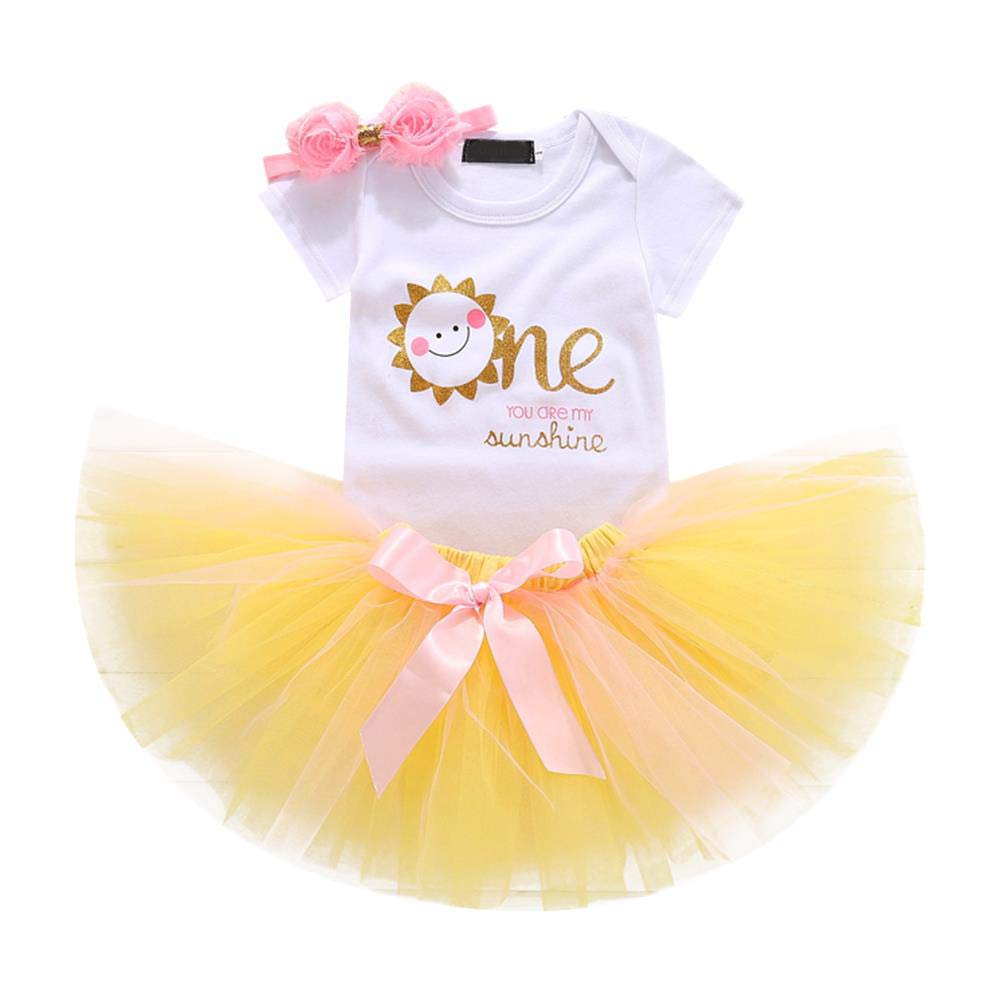 IBTOM CASTLE Baby Girls 1st Birthday Cake Smash 3pcs Outfits Set Cotton Romper bodysuit+Tutu Dress+Flower Headband Princess Skirt Clothes Yellow smile Sun One Size