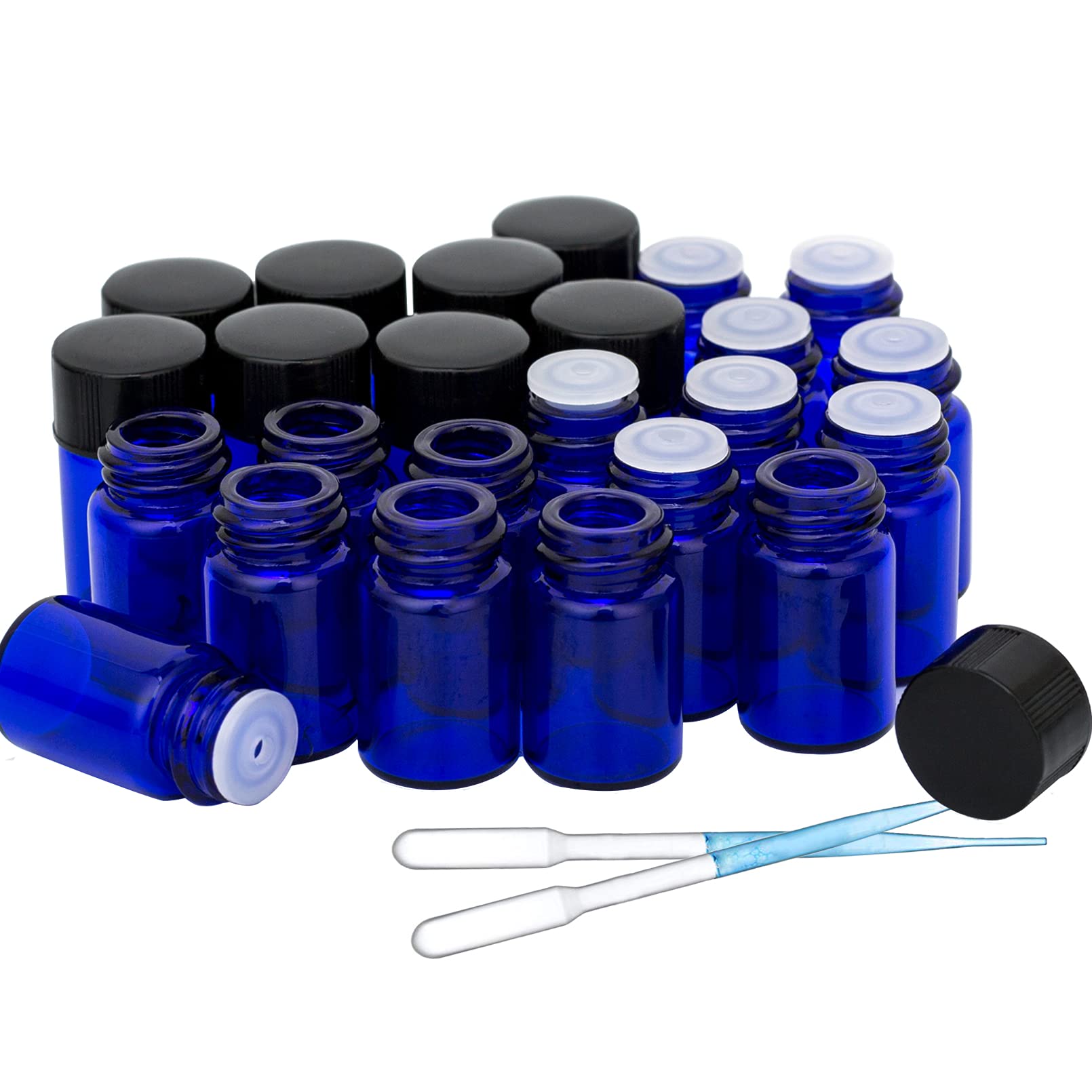 ZEJIA Essential Oil Bottles, 2ML Mini Glass Oil Bottles, 24 Packs Oil Vials Sample Bottles, Anointing Oil Bottles with Black Caps, 2 Droppers