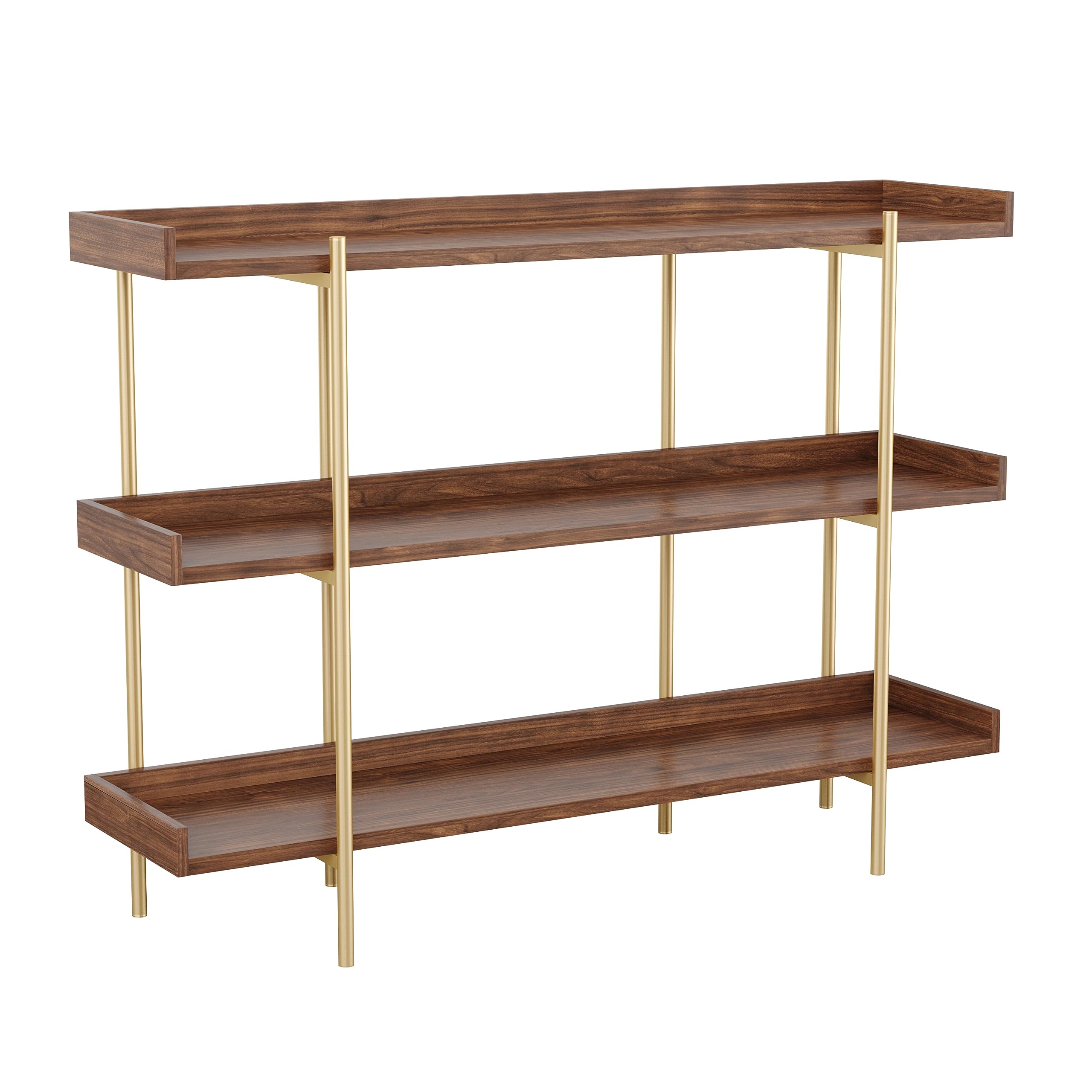 Martha Stewart Emmett 3 Shelf Storage Display Unit Bookcase with Metal, Set of 1, Walnut Wood Grain/Polished Brass Frame