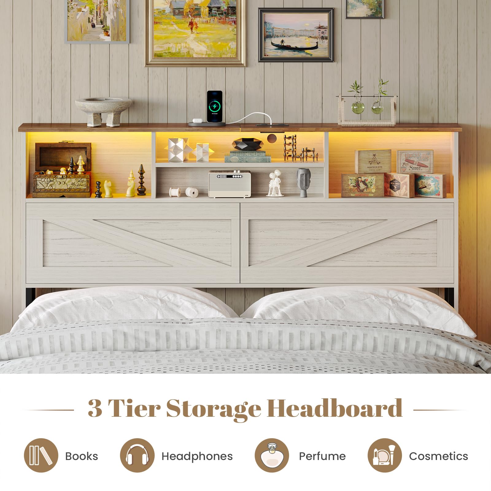 AOGLLATI Farmhouse King Headboard Only with Charging Station & Led Lights, King Size Headboard Only with 2-Tire Bookcase Storage Space for Bedroom, Easy Assembly, White