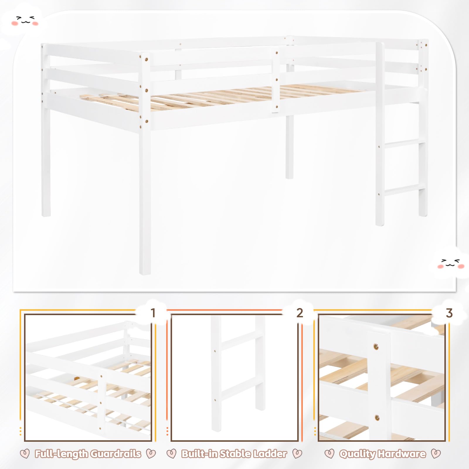 Antetek Twin Loft Bed Frame, Solid Pine Wood Twin Size Bed Frame with Ladder and Safety Full-Length Guardrail, Low Loft Bed for Kids, Teens, Boys, Girls, No Box Spring Needed, White
