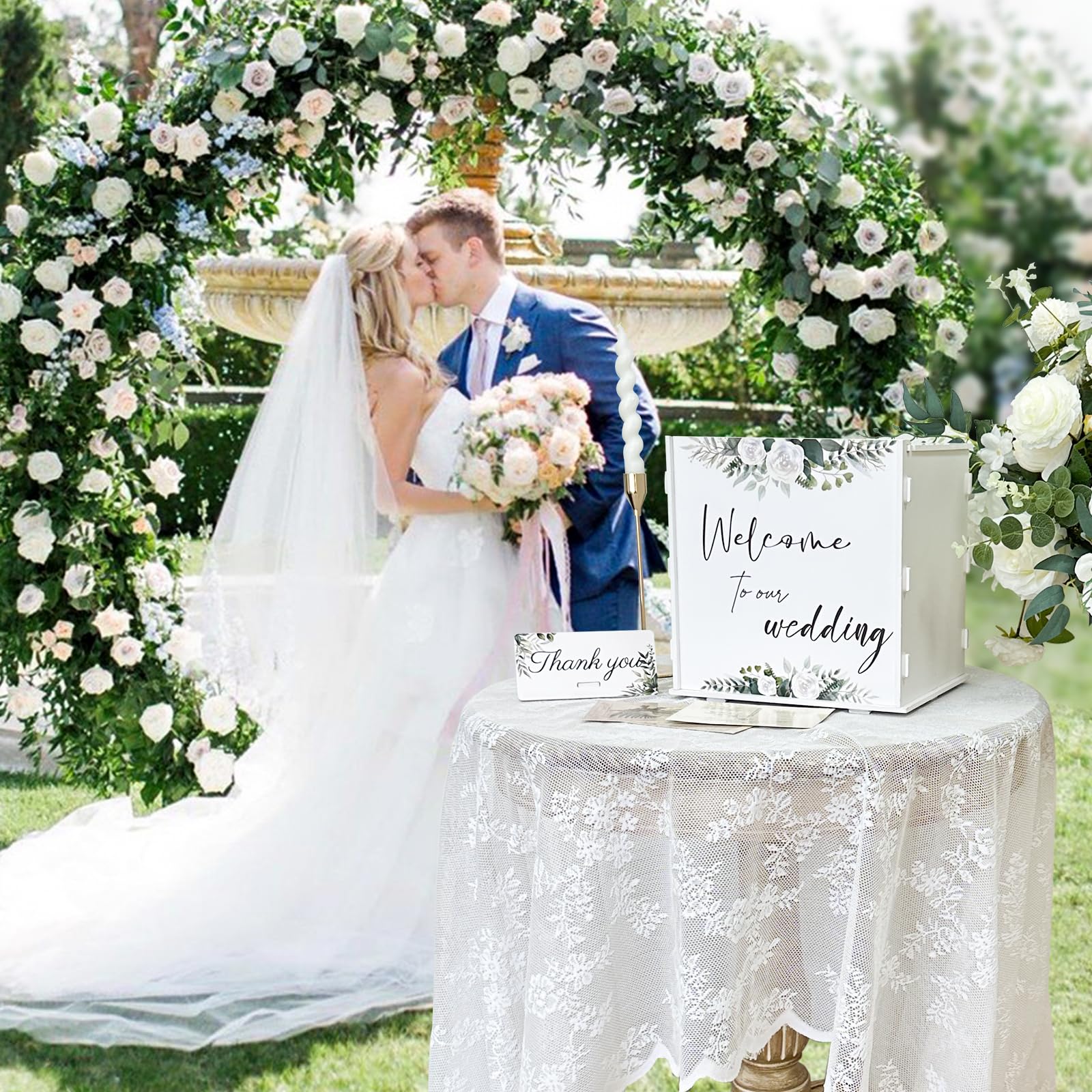 CYAOOI White Wedding Card Box with Lock, PVC Party Card Box for Wedding Reception, Floral Wedding Money Envelope Gift Card Holder Box for Graduation Birthday Baby Shower Decorations