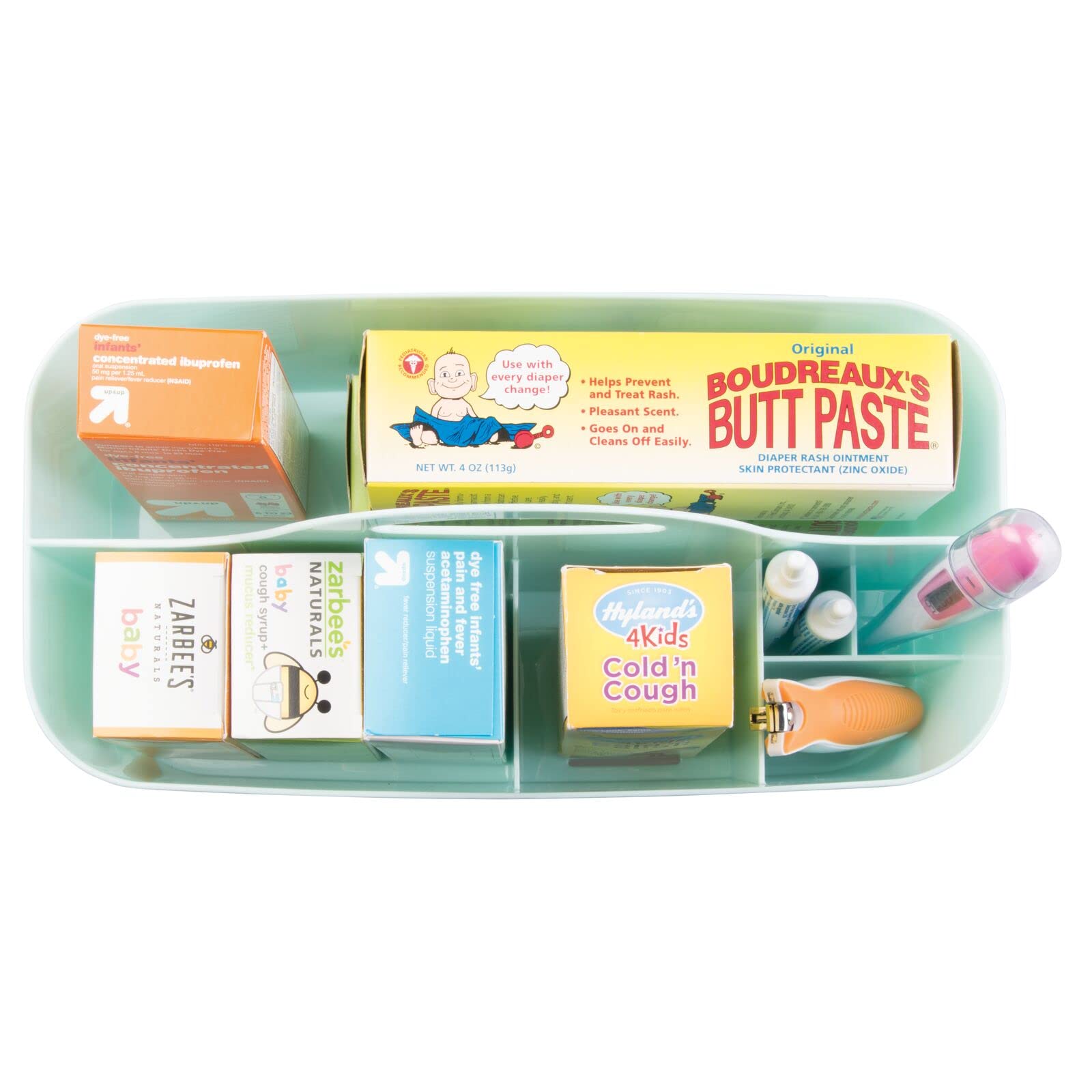 mDesign Plastic Portable Nursery Storage Organizer Caddy Tote - Divided Basket Bin with Handle - Holds Bottles, Spoons, Bibs, Pacifiers, Diapers, Wipes, Baby Lotion - Lumiere Collection - Mint Green