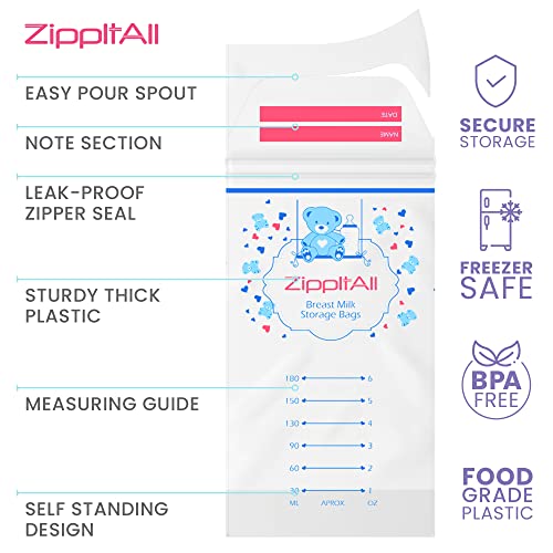 DiRose Breast Milk Storage Bags - Leak-Proof 100 Count Double Zipper 6 oz Capacity Extra Thick and Seal BPA/BPS Free/Disposable Pouches | Self-Standing Bag for Long and Safe Storing