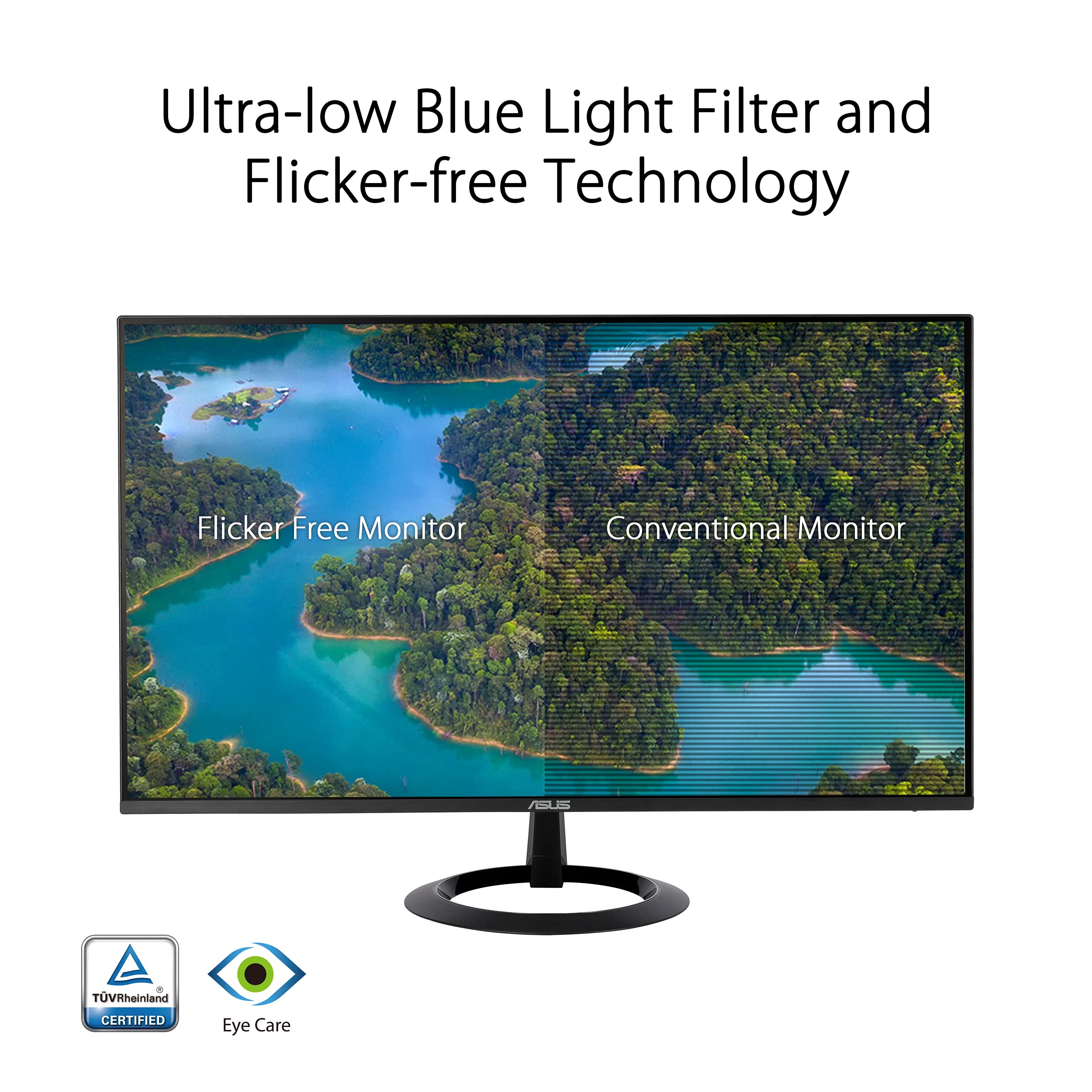 ASUS 27” 1080P Monitor (VZ27EHE) - Full HD, IPS, 75Hz, 1ms, Adaptive-Sync/FreeSync, Low Blue Light, Flicker Free, Ultra-Slim, VESA Mountable, Frameless, HDMI, VGA (Renewed)