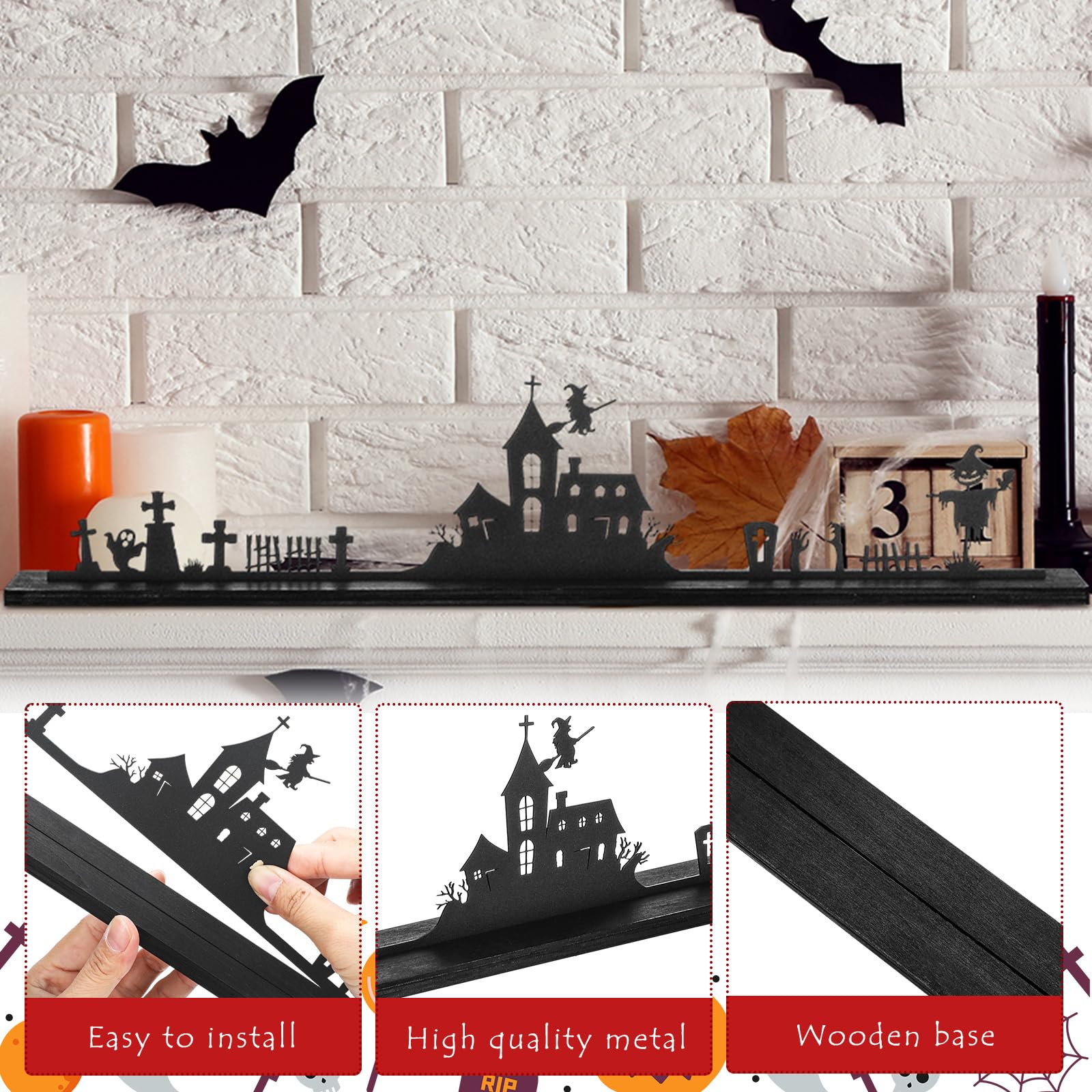 Amyhill 2 Pcs Halloween Metal Table Decorations 15.8 Inch Silhouette Haunted House Cemetery Signs Black Spooky Halloween Witch Cauldron Ghost Detachable Tabletop Centerpiece Decor for Home Table Shelf