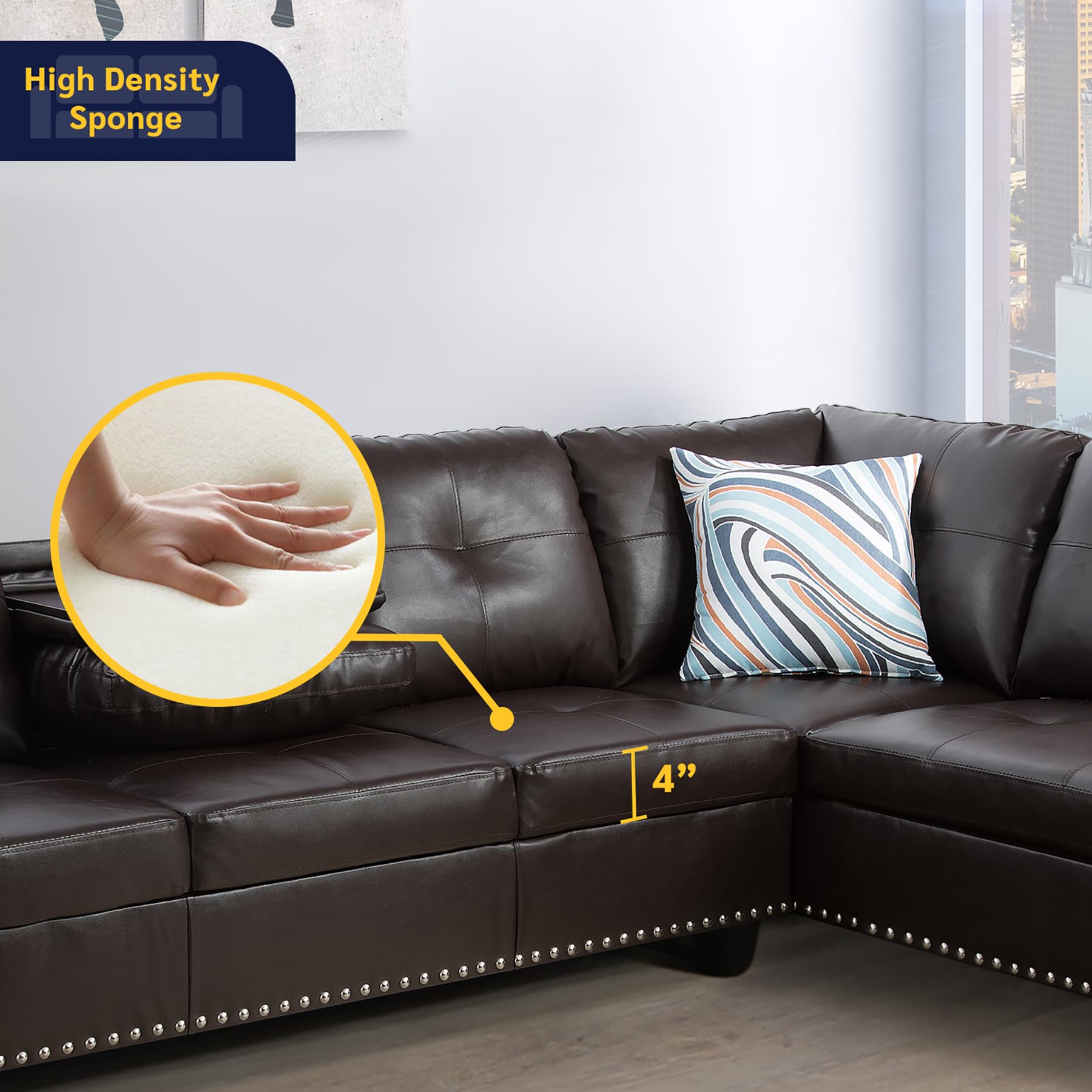 FUOROLA Fountainblue Right Facing Sectional (Sofa+Chaise), 97.5x69.5, Brown-Faux Leather