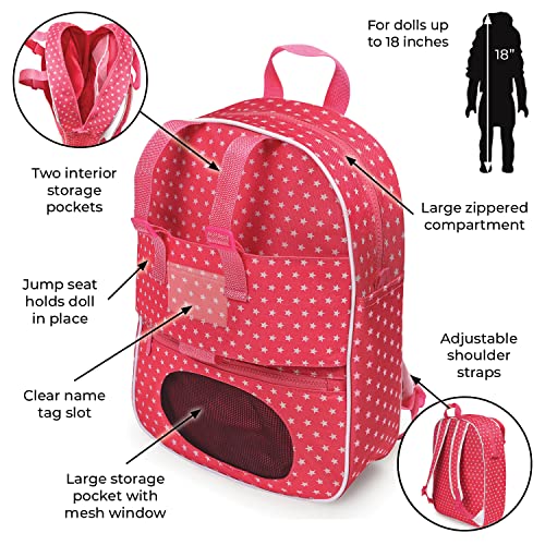 Badger Basket Delightful Doll Travel Backpack with Plush Friend Compartment – Perfect for 18-Inch Dolls with Stylish Pink Star Design