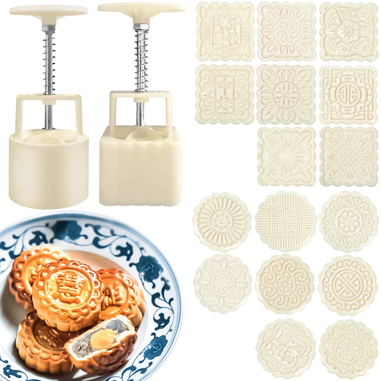 AIKEFOO Chinese Traditional Mid-Autumn Mooncake Moldļ¼Biscuit Stamping Machineļ¼18 pcs 100g/125g Different Round And Square Flower Pattern For 2 Sets.