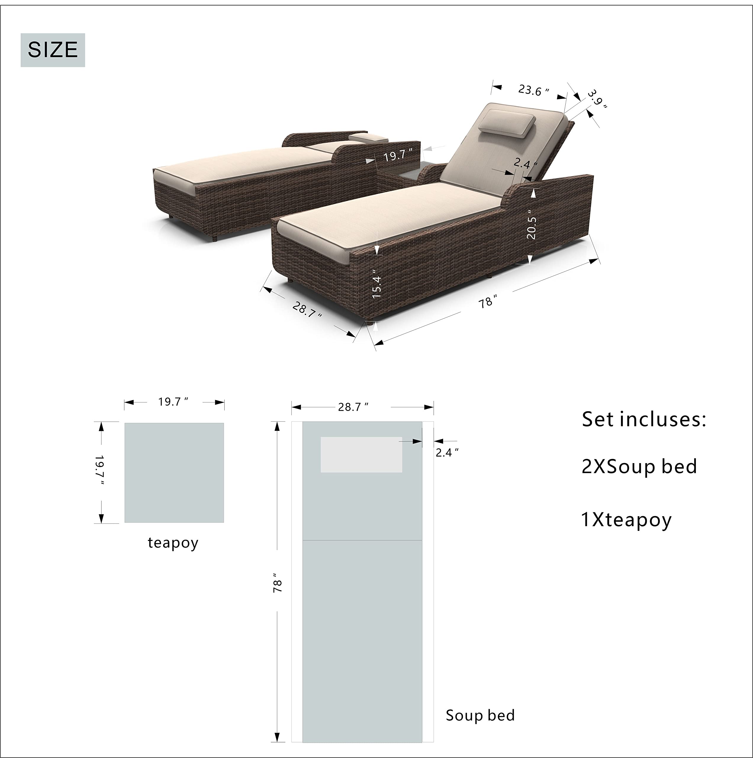 Abrihome® 3 Piece Outdoor Patio PE Rattan Adjustable Chaise Lounge Set with Cushion and Table (Brown)